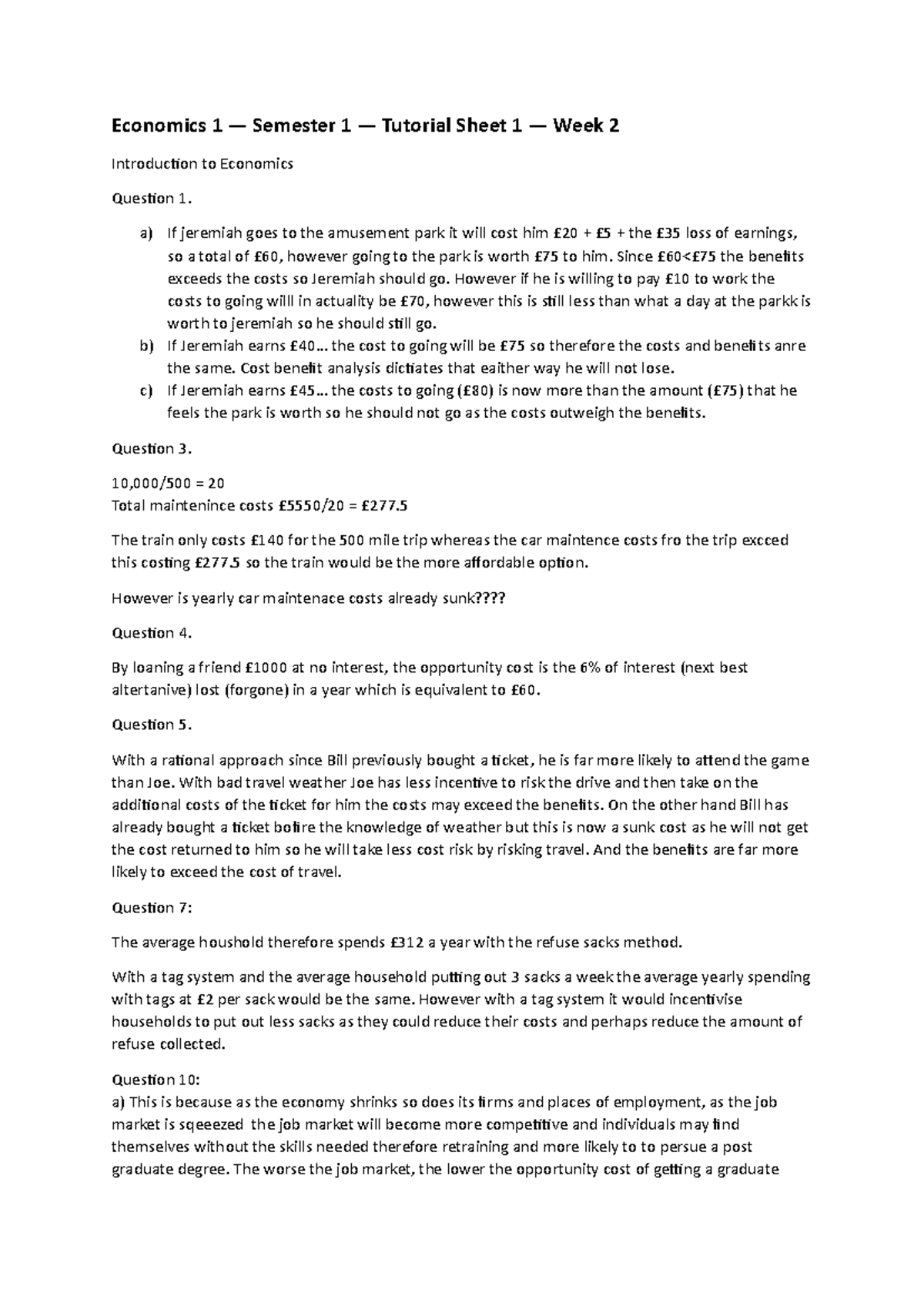 Economics Tutorial Sheet 1 — Week 2 - Economics 1 — Semester 1 — Tutorial Sheet 1 — Week 2 - Studocu