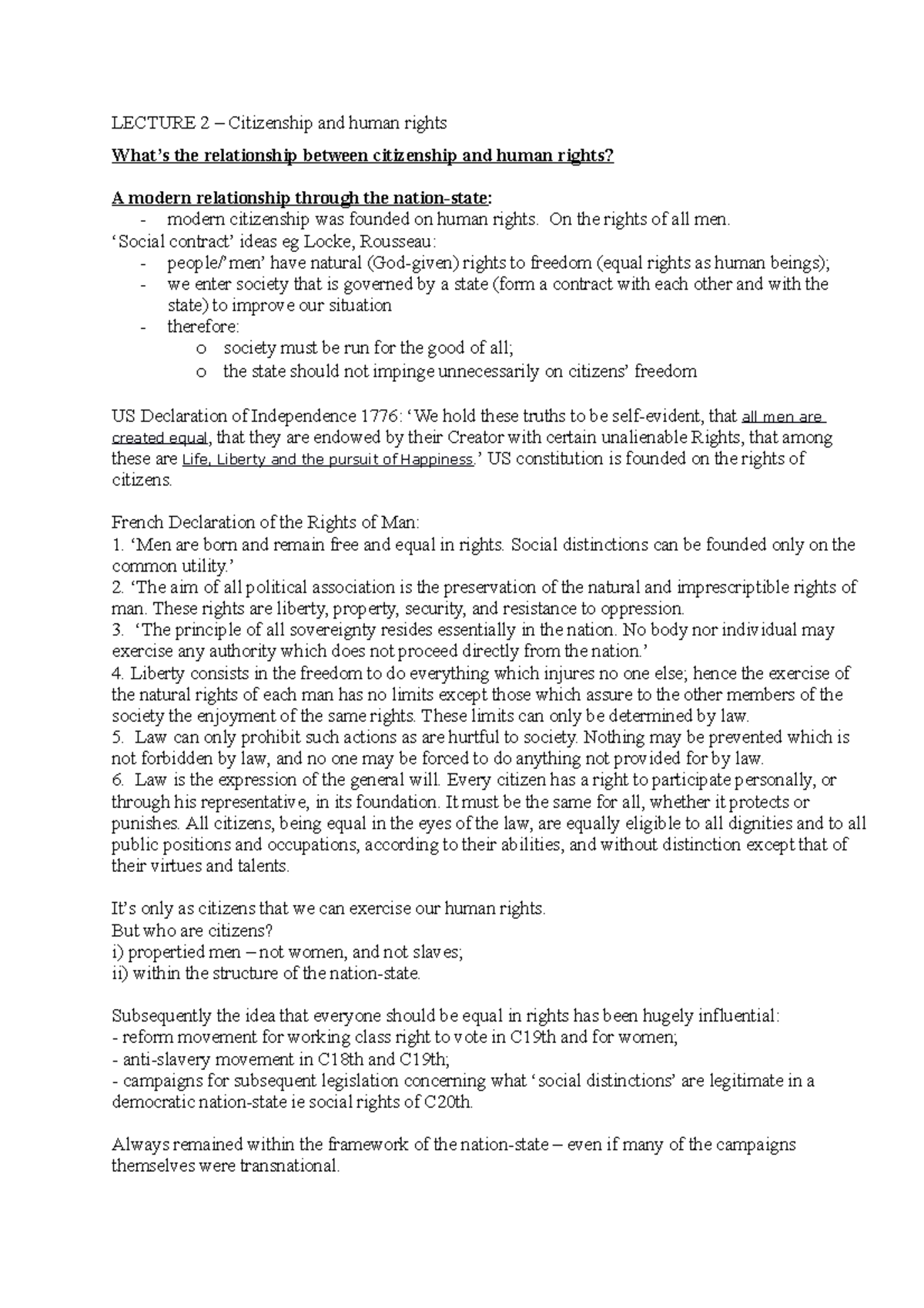 CHR Lecture 2 - Citizenship and Human Rights - LECTURE 2 – Citizenship ...