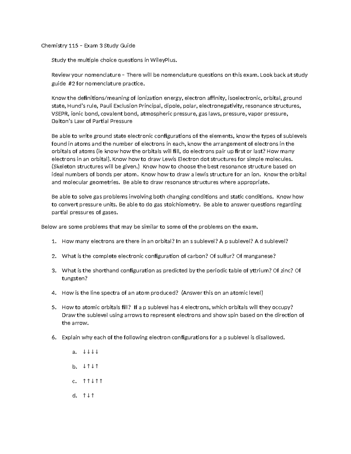 Exam 3 study guide f2013 - Chemistry 115 – Exam 3 Study Guide Study the ...