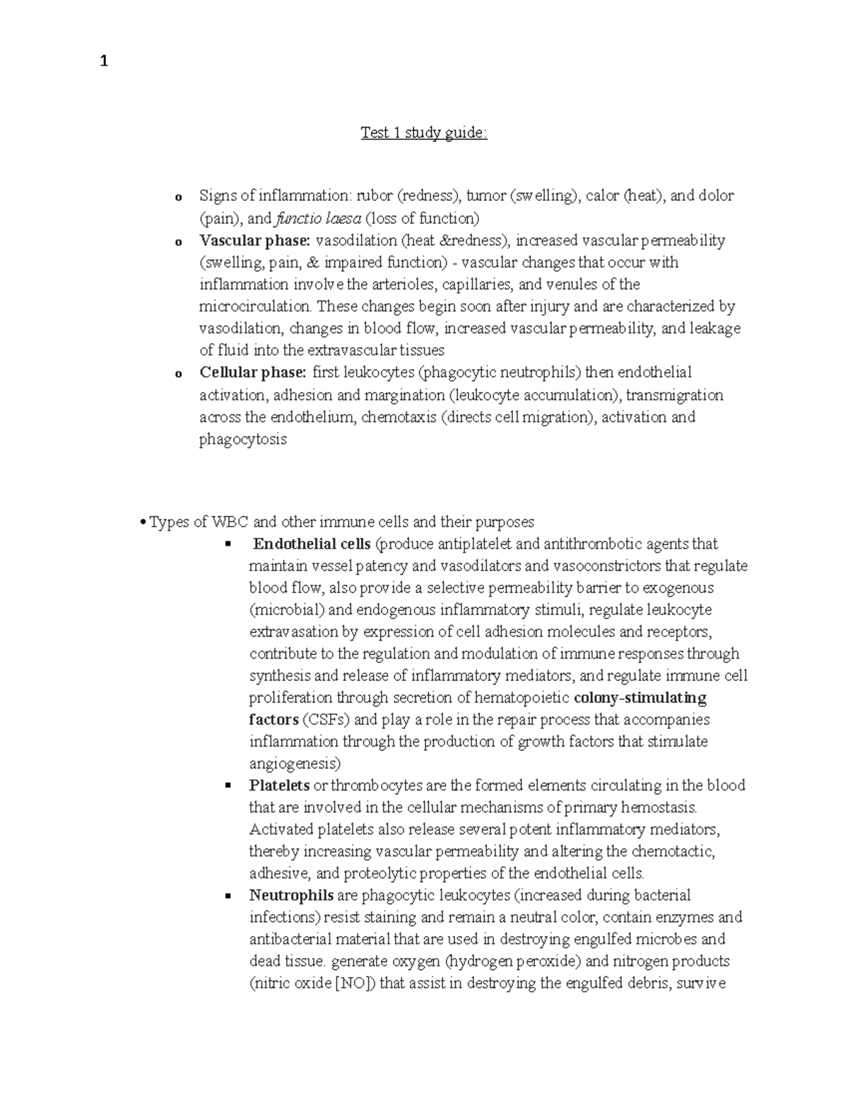 test one study guide - Test 1 study guide: o Signs of inflammation ...