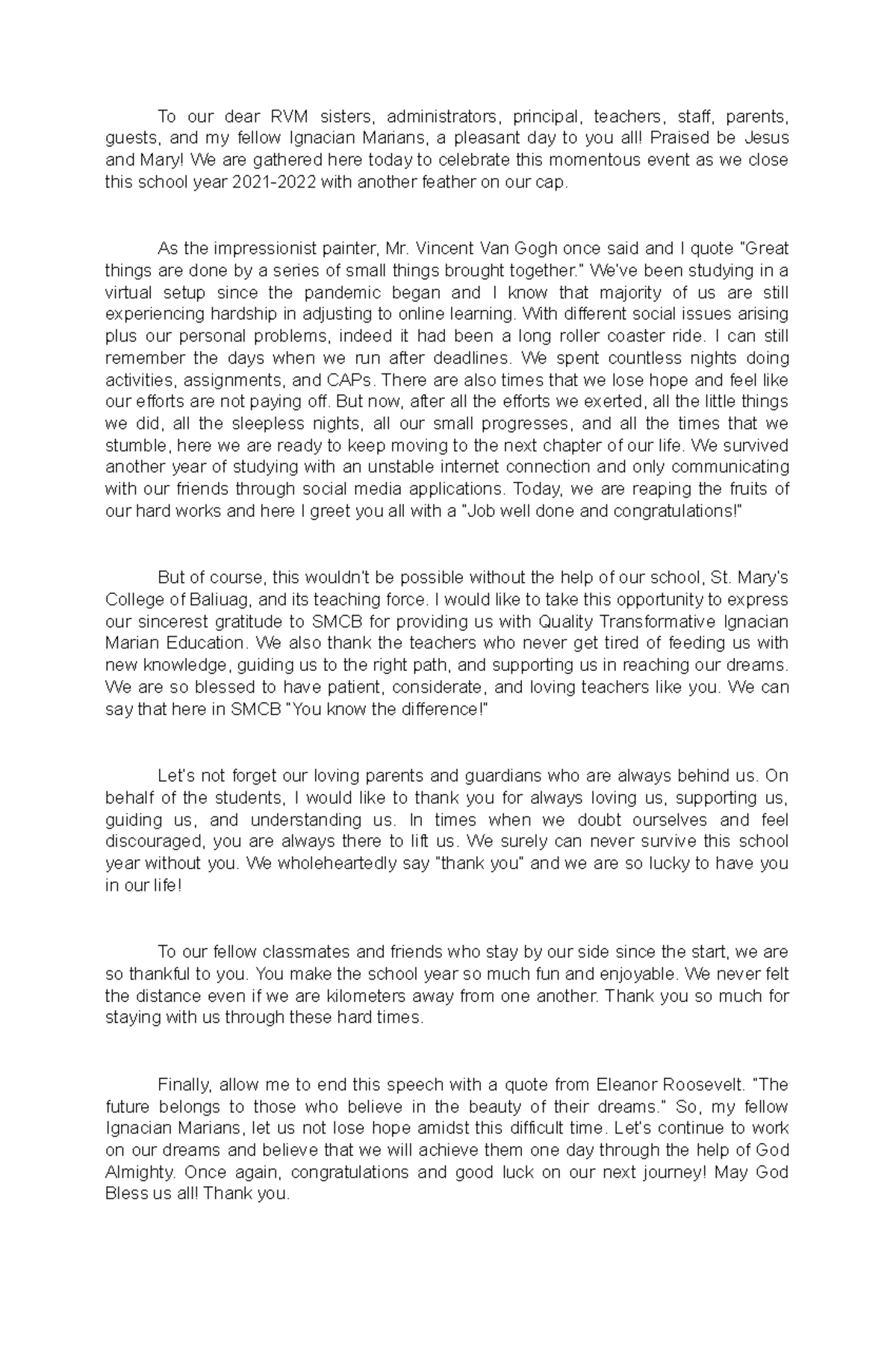 Speech for the words of gratitude Jhona - To our dear RVM sisters ...