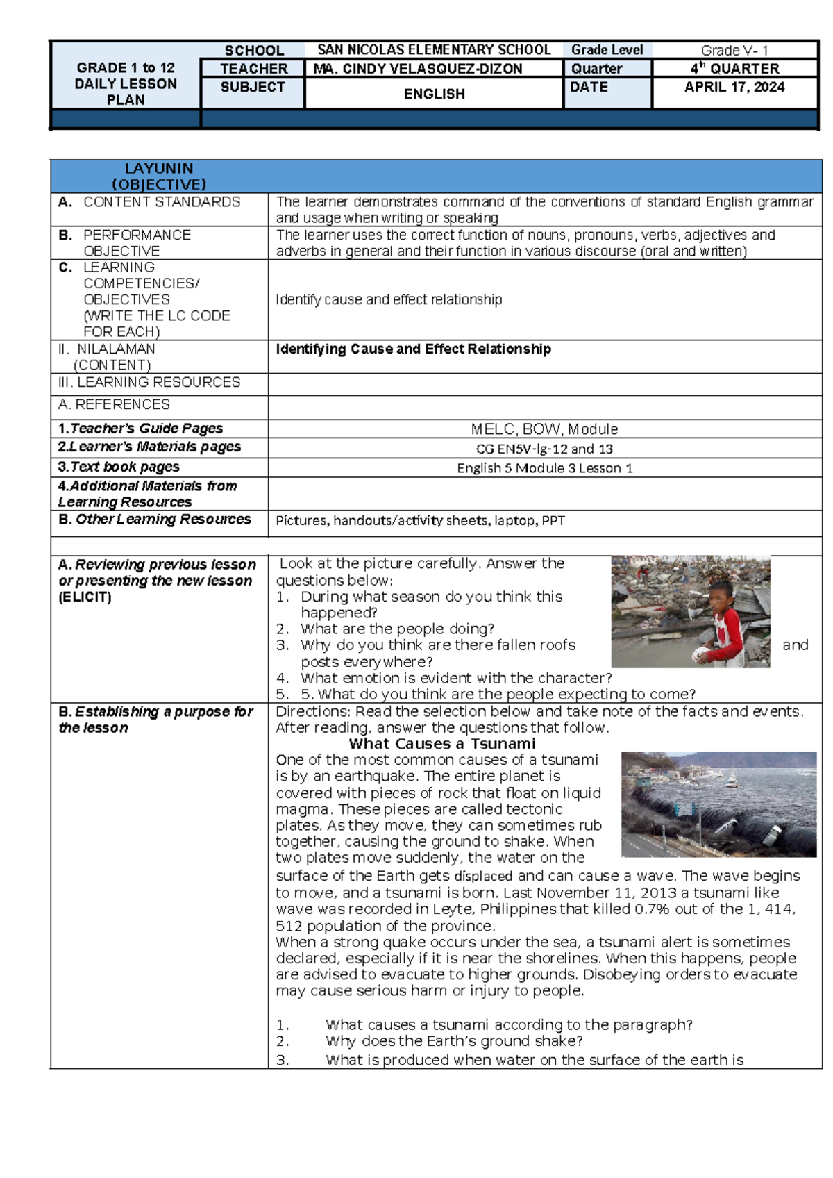 Q4- English COT - Classroom Observation Lesson Plan - GRADE 1 to 12 DAILY LESSON PLAN SCHOOL SAN ...