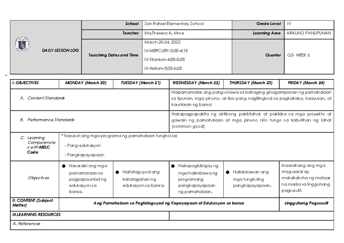 AP 4 DLL Q3 W6 March 20 24 2023 - DAILY LESSON LOG School San Rafael Elementary School Grade ...