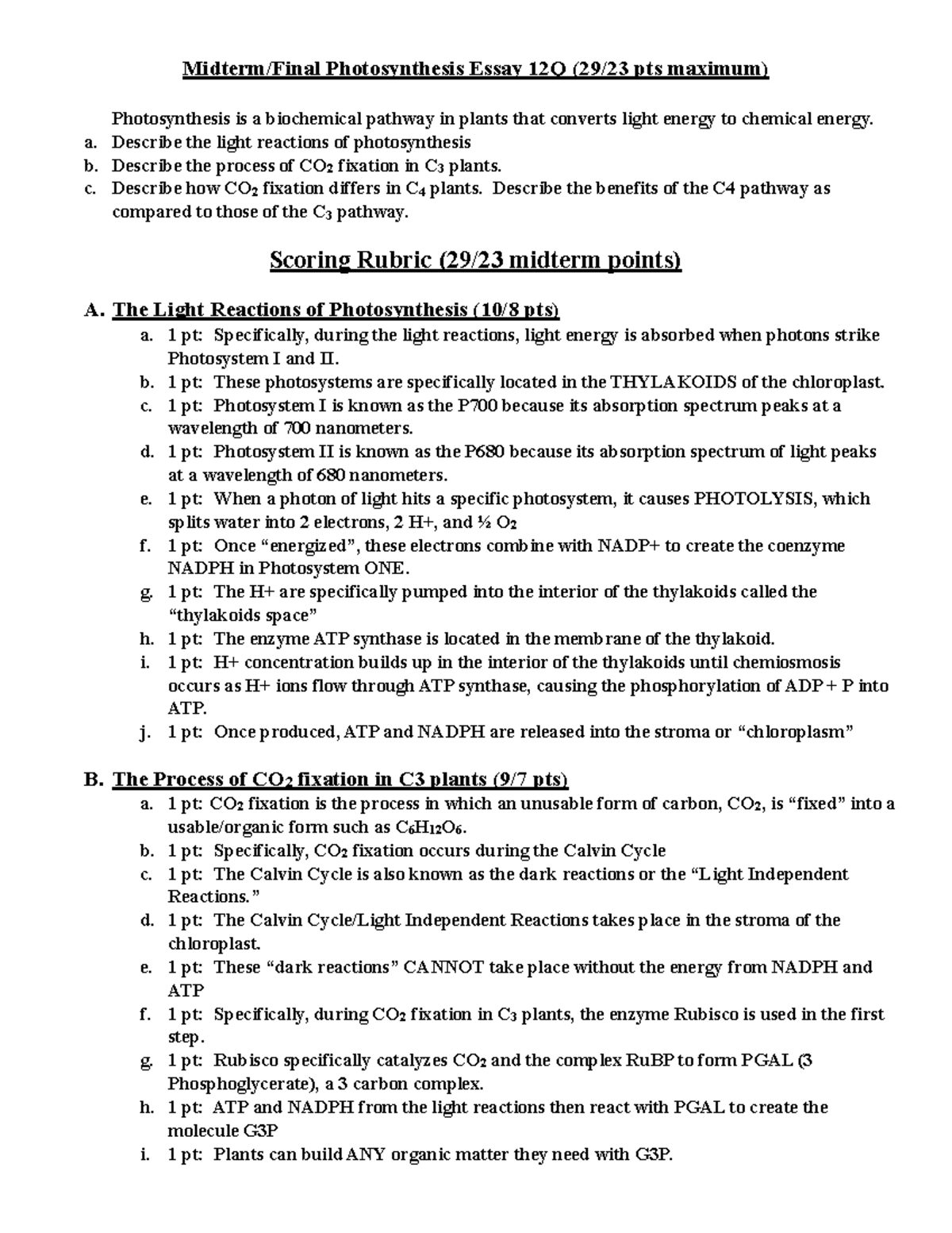 Midterm Photosynthesis Essay 12Q with Rubric - Midterm/Final ...