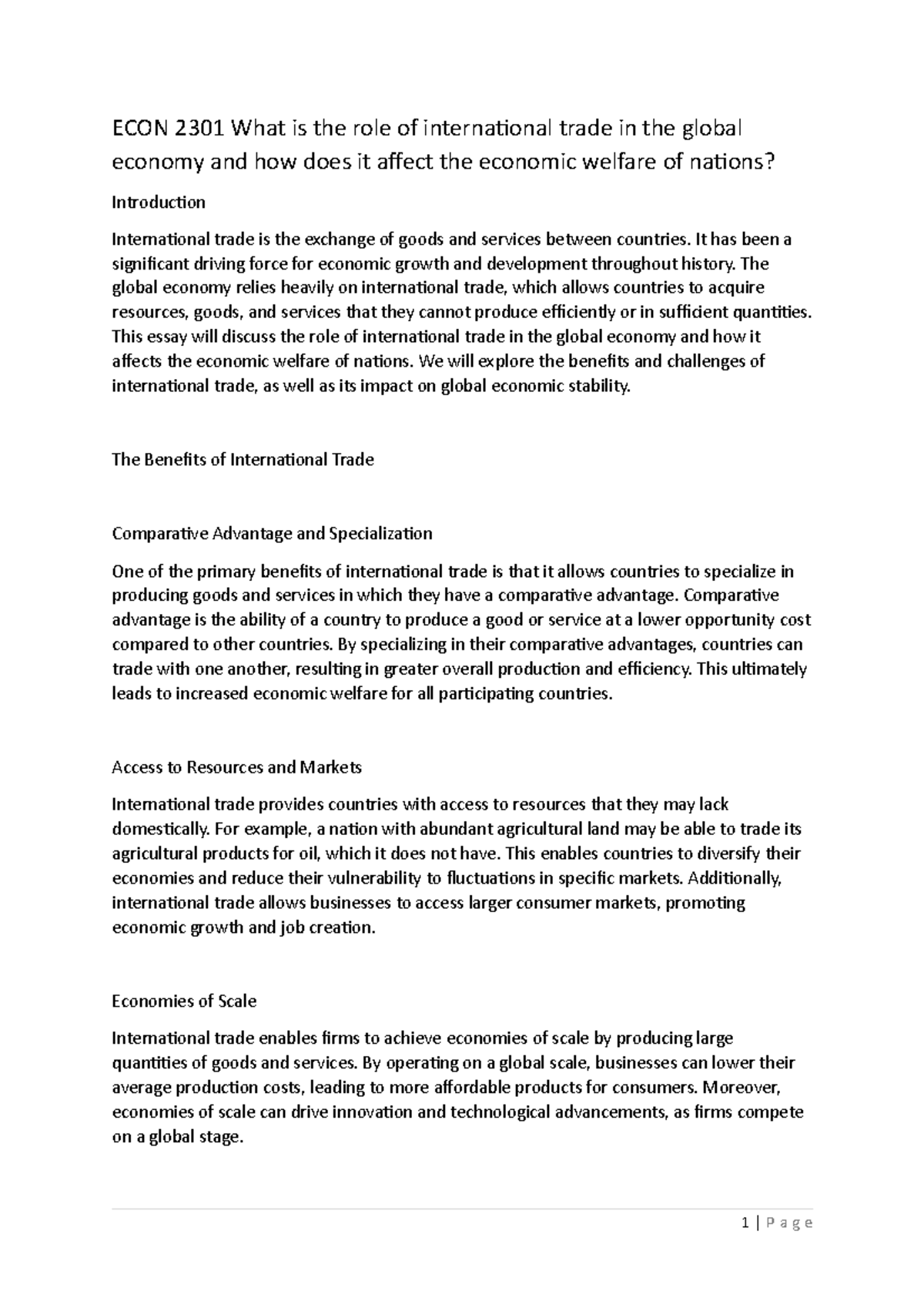 ECON 2301 What is the role of international trade in the global economy ...