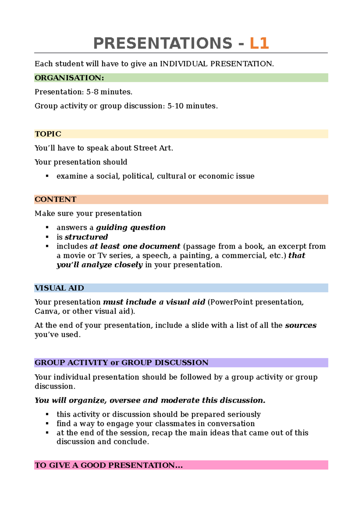 L1 Guidelines (presentations) - PRESENTATIONS - L Each student will ...