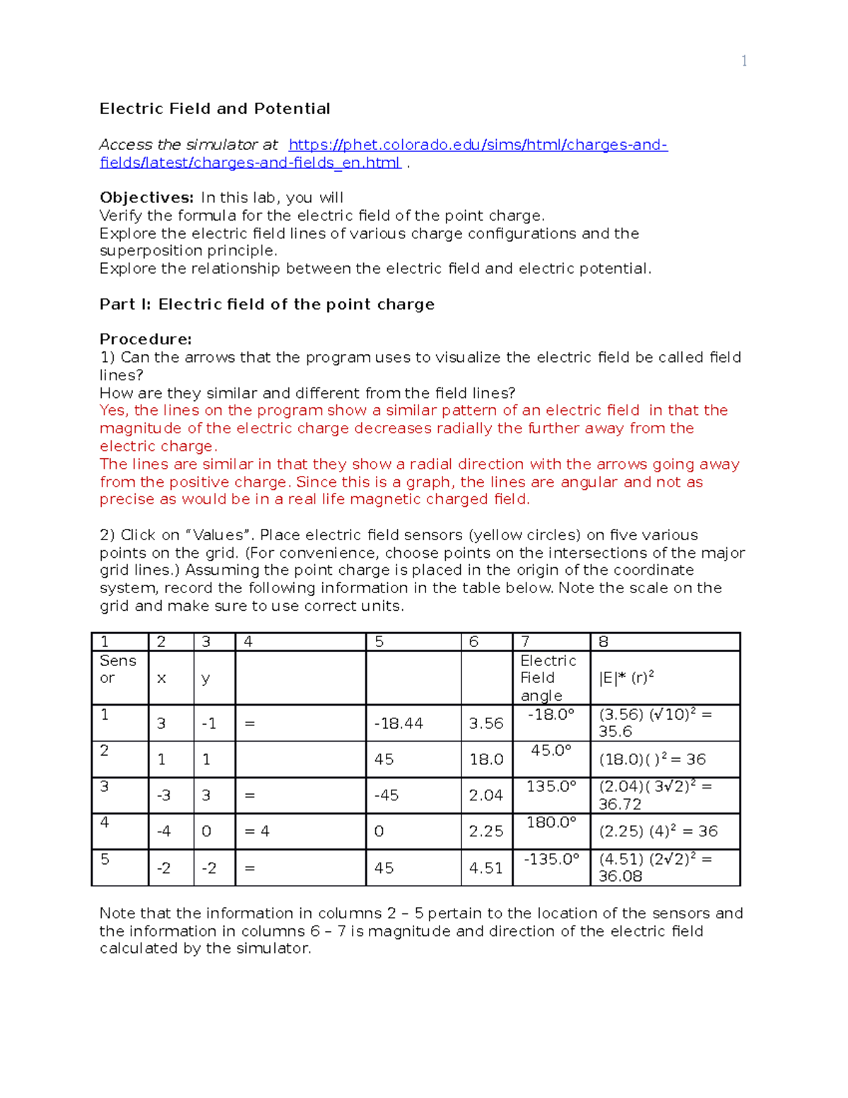 Electric Field LAB 2023 - 1 Electric Field and Potential Access the ...
