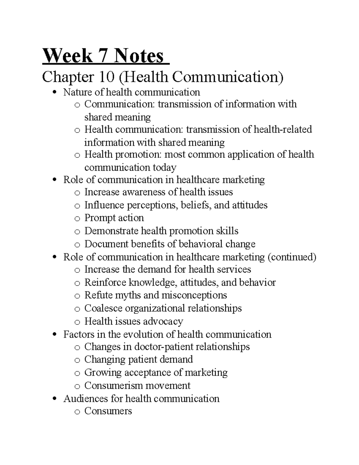 Week 7 Notes Week 7 Notes Chapter 10 Health Communication Nature Of Health Communication O 