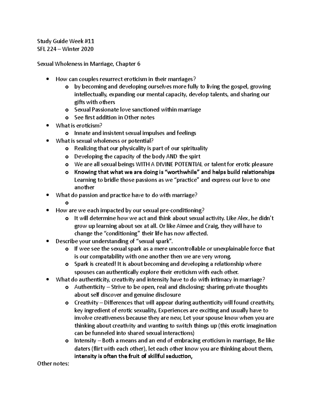 Study Guide Week #11 - Study Guide Week # SFL 224 – Winter 2020 Sexual ...