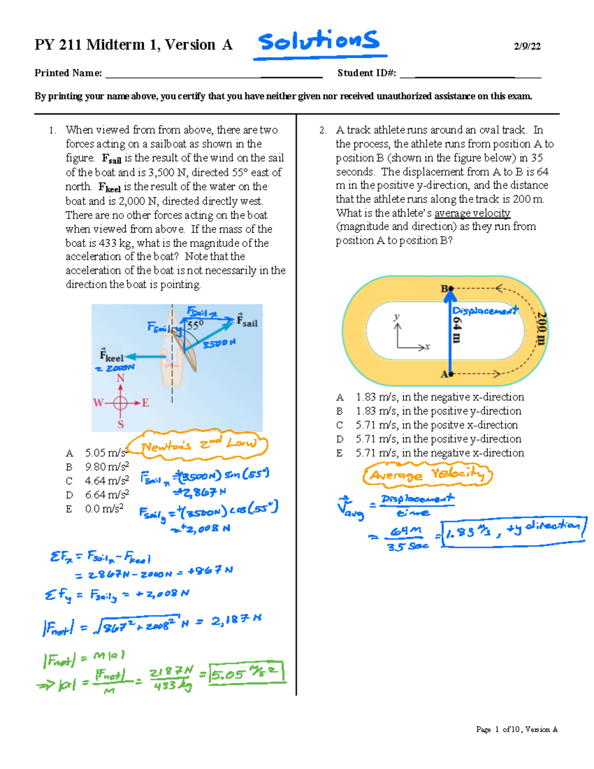 Solution PY211 22 1 s22 MT1 Ver A - PY 211 Midterm 1, Version A 2/9 ...