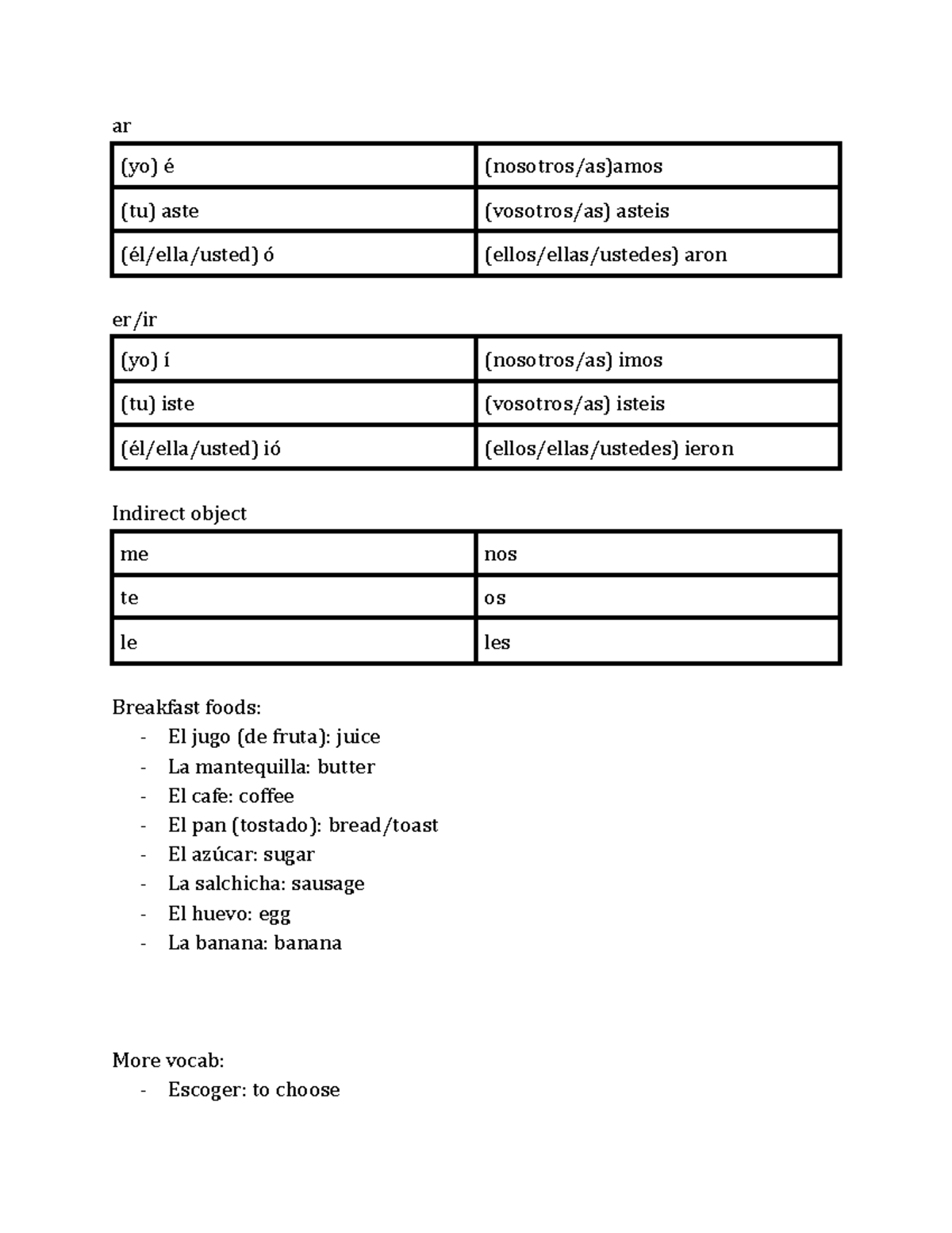 Spanish notes ch. 8 - Carol Subiabre - ar (yo) é (nosotros/as)amos (tu ...