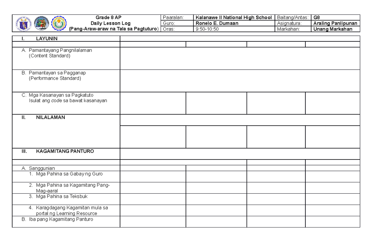 Grade 8 AP Blank - DAILY LESSON LOG - Grade 8 AP Daily Lesson Log (Pang ...