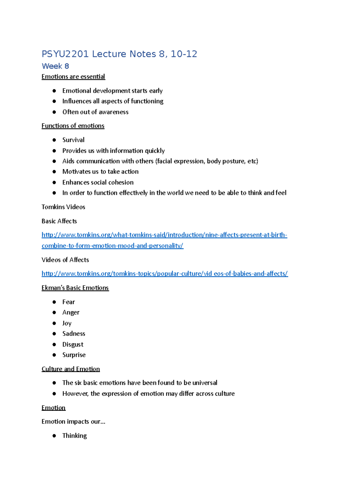 PSYU2201 Lecture Notes 8,10-12 - .. Thinking Body Interactions with ...