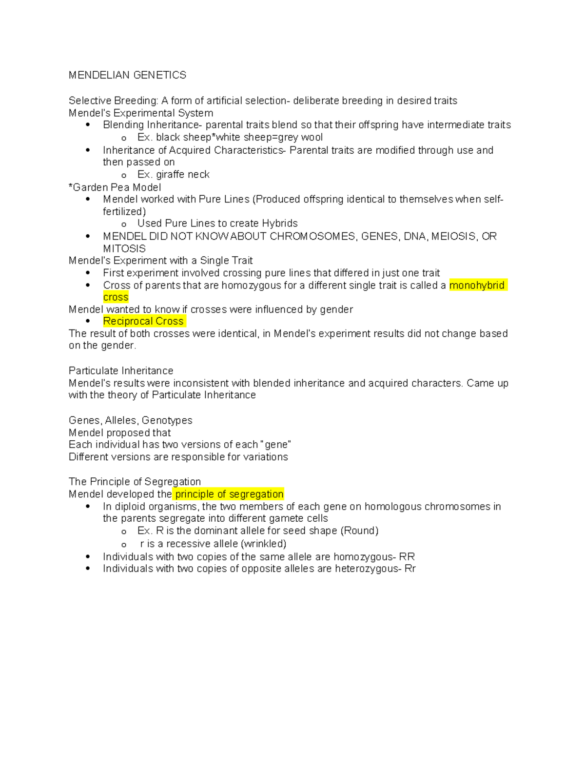 Mendelian Genetics - lecture notes - MENDELIAN GENETICS Selective ...