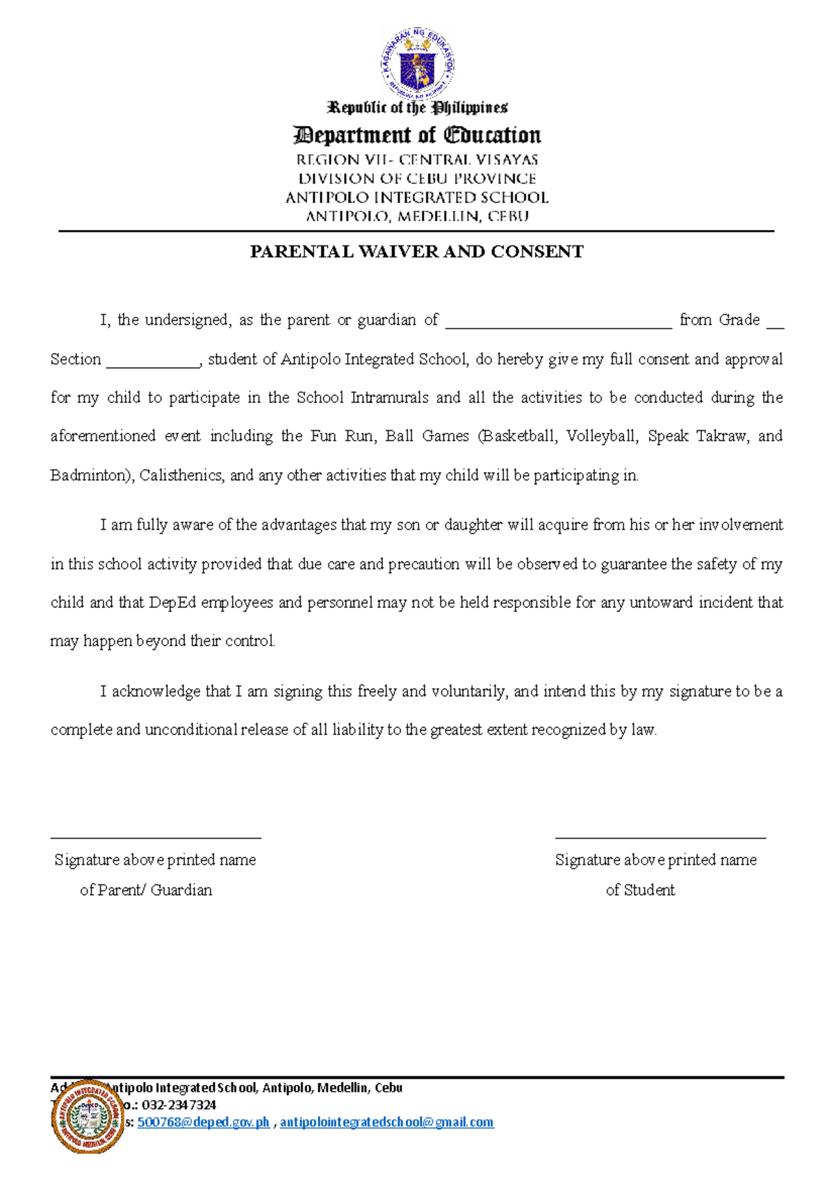 Parental Consent School Intramurals - PARENTAL WAIVER AND CONSENT I ...