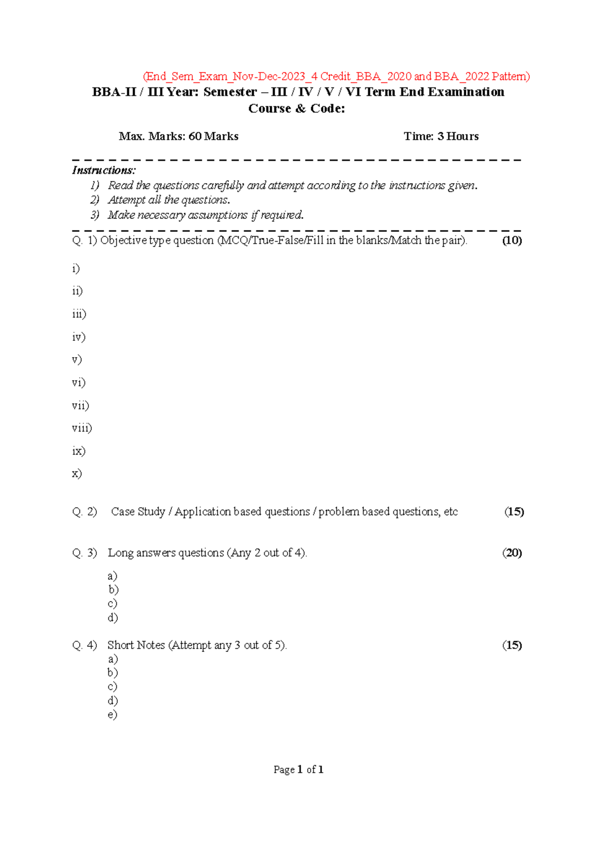 BBA Final Exam Question Paper Format -60 marks 2020 & 2022 Pattern end ...