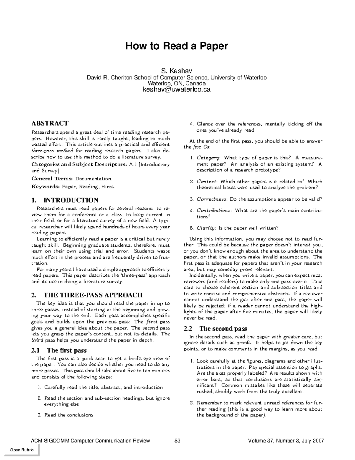 1 How to read a research article - How to Read a Paper S. Keshav David ...