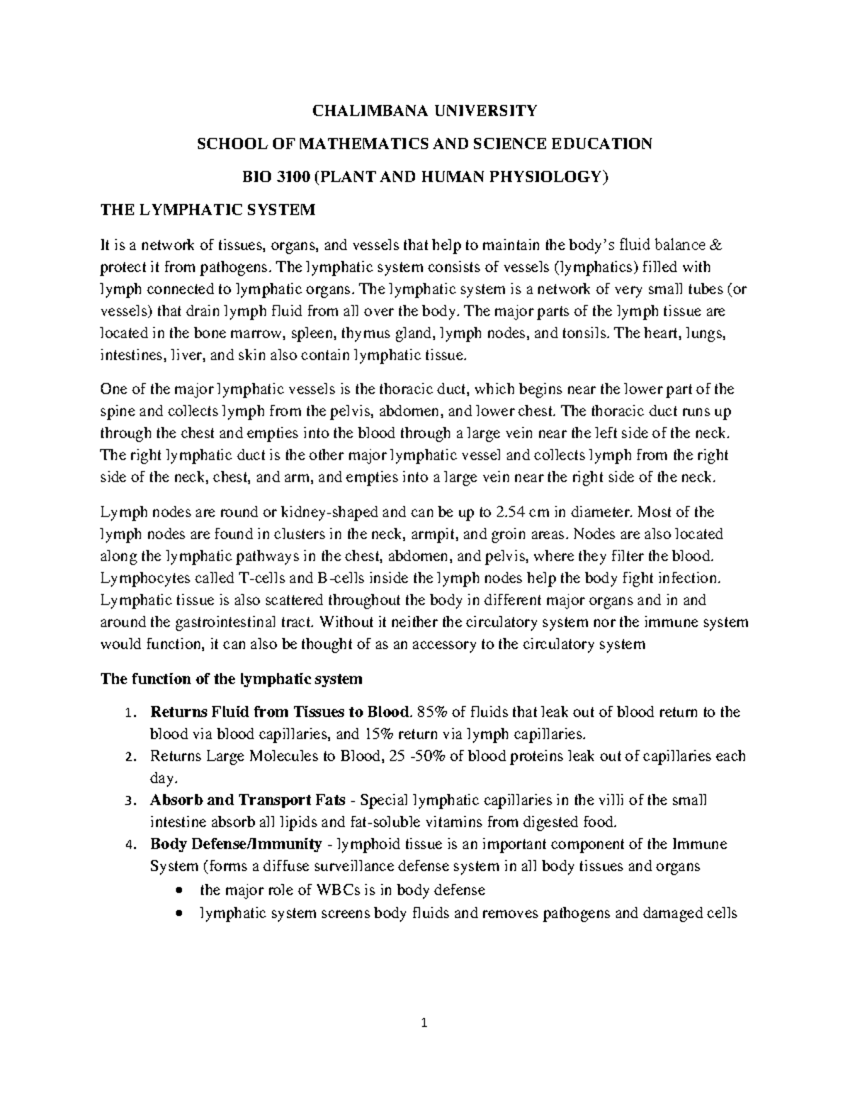 Lymphatic System Notes 2 - CHALIMBANA UNIVERSITY SCHOOL OF MATHEMATICS ...