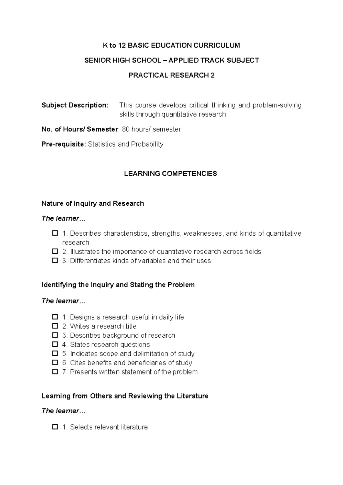 Practical Research 2 Learning Competenci - K to 12 BASIC EDUCATION ...