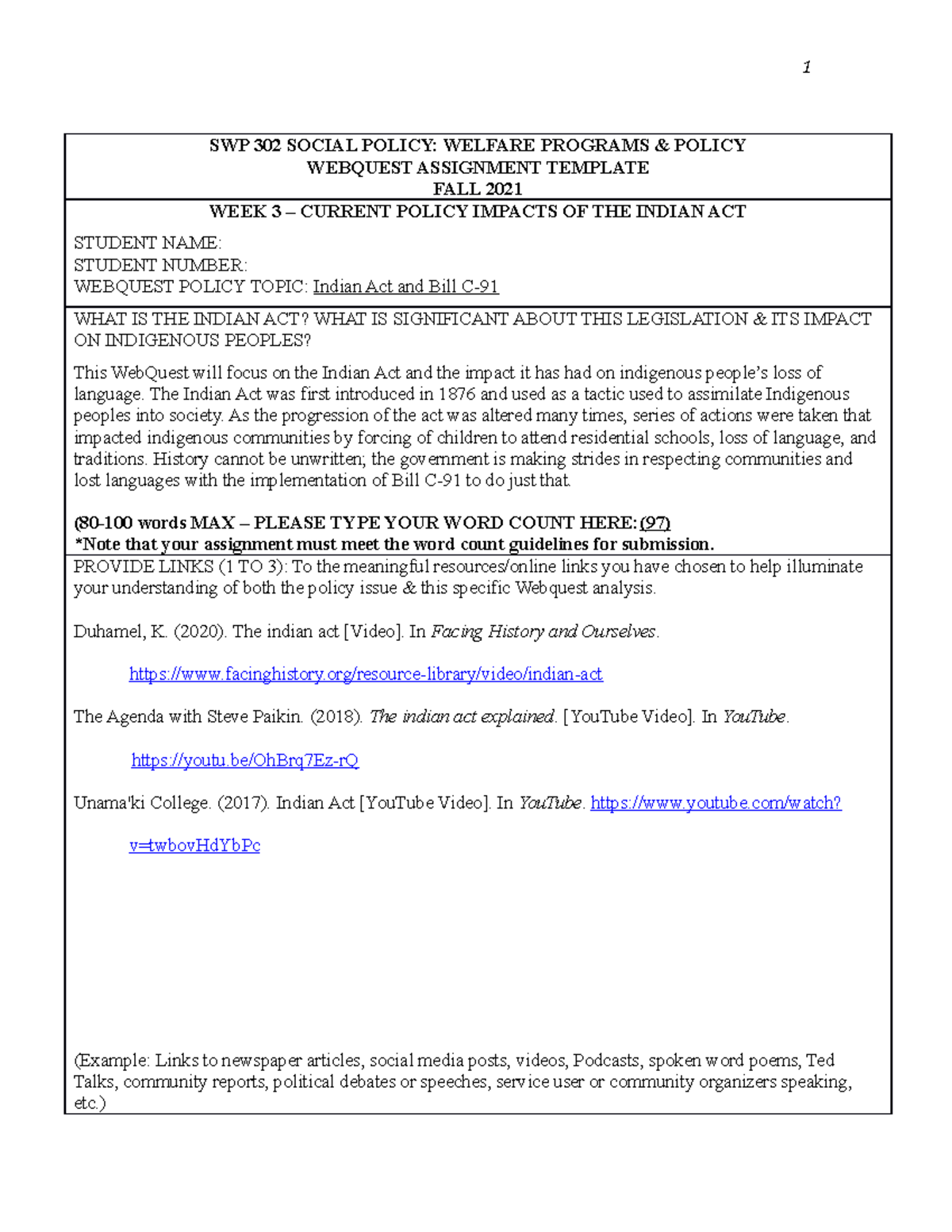 SWP 302 2021 Webquest- Week 3 Impacts of Indian Act - SWP 302 SOCIAL ...