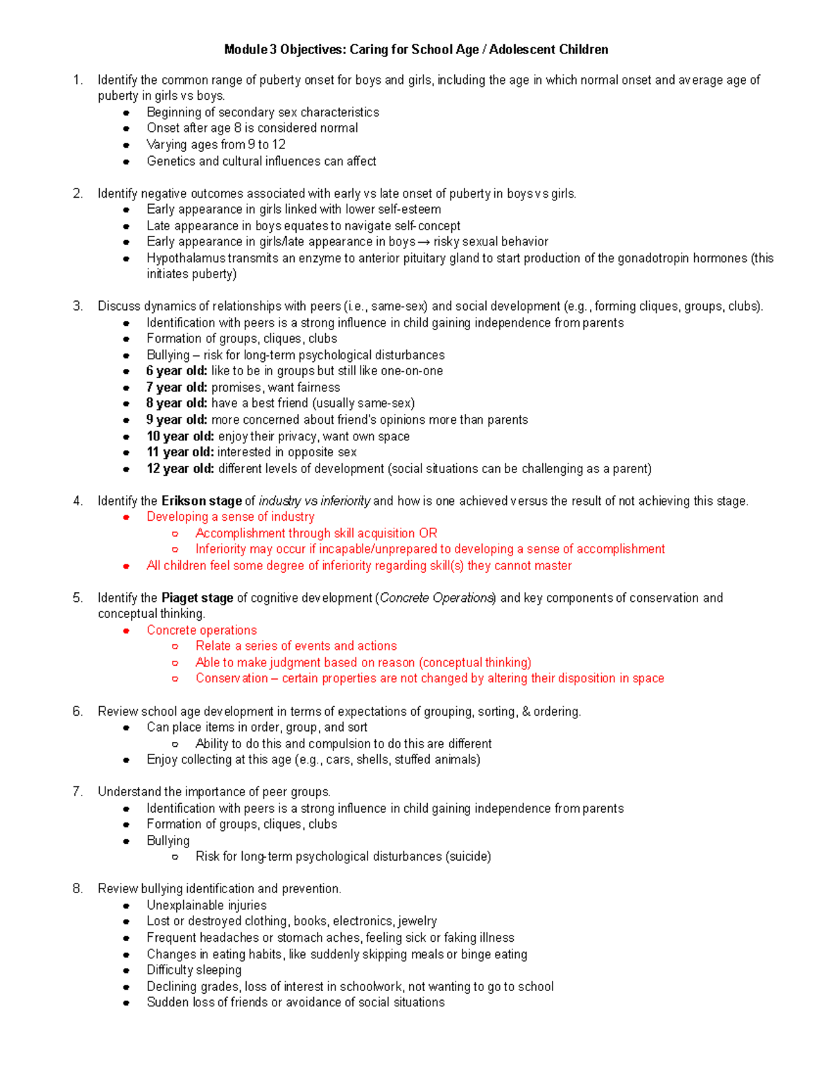 Module 3 Objectives Caring for School Age Adolescent Children - Module ...