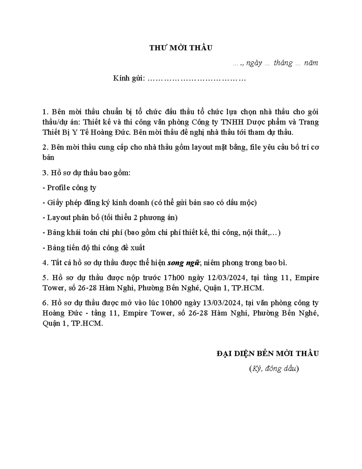 [Hoang Duc] Thu moi thau 2024 - THƯ MỜI THẦU ...., ngày ... tháng ...