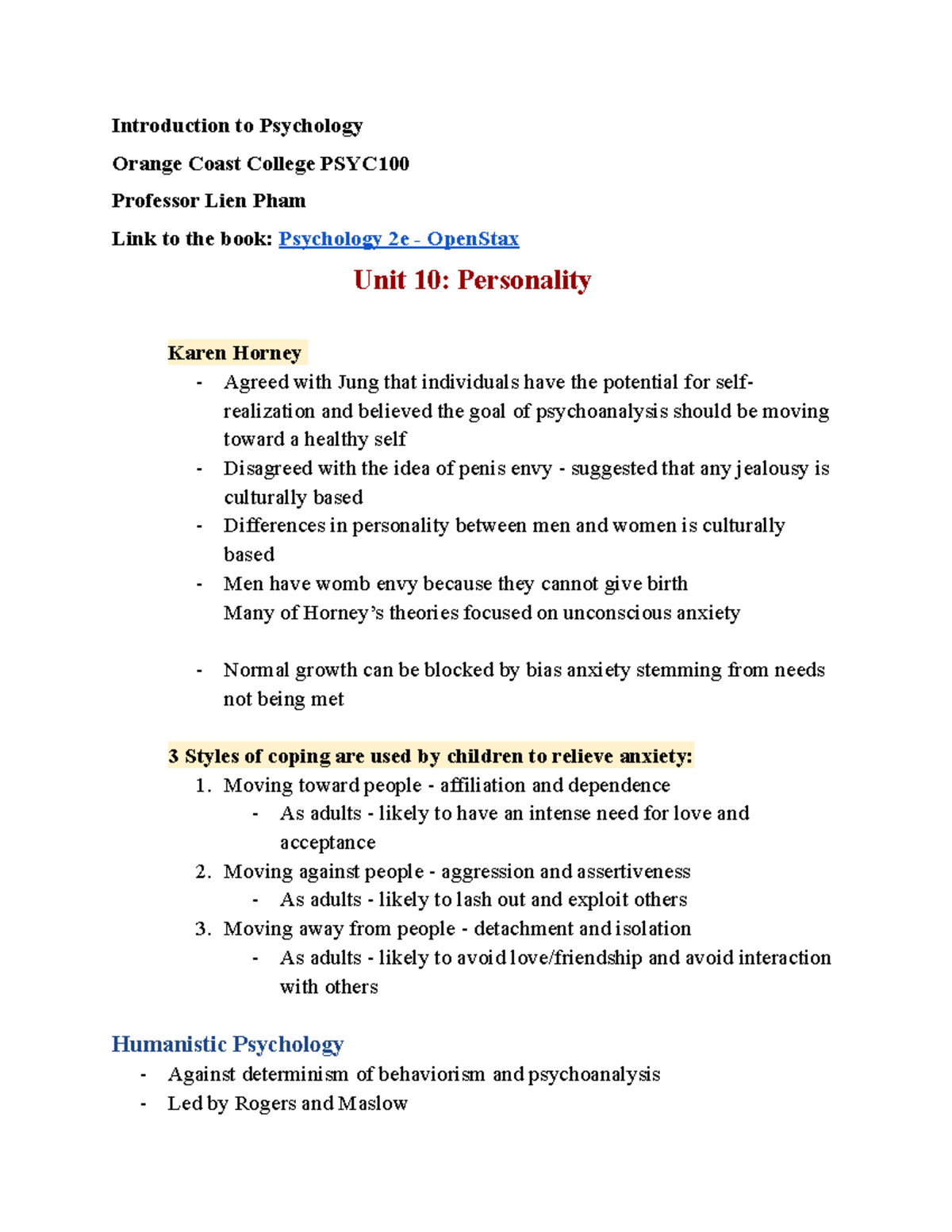 Unit 10 Personality - Introduction to Psychology Orange Coast College ...