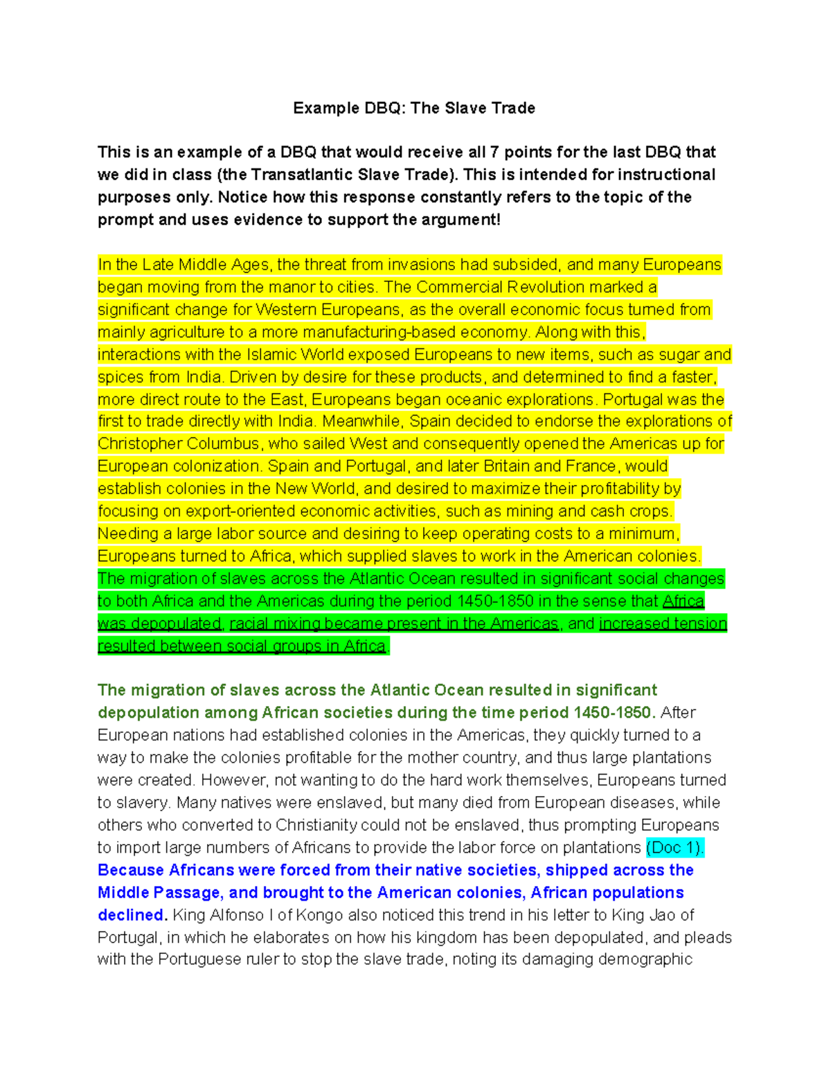 Slave Trade Exemplar DBQ - Example DBQ: The Slave Trade This is an ...