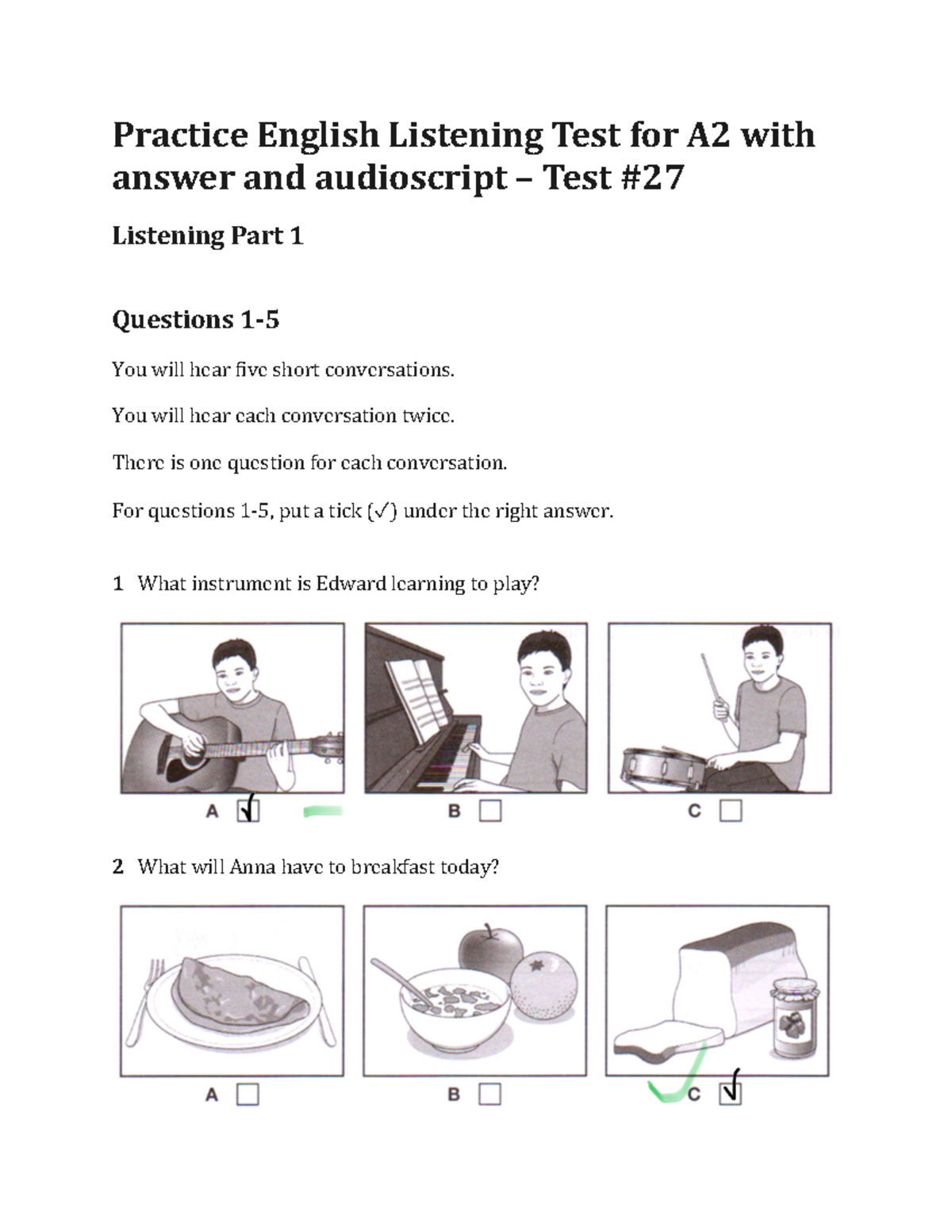 A2- TEST 27 - nnn - Practice English Listening Test for A2 with answer ...
