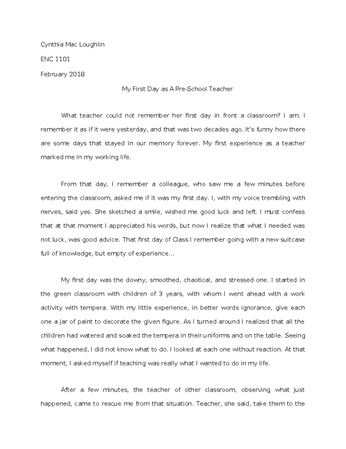 My first day as a preschool teacher. narrative essay - Cynthia Mac ...