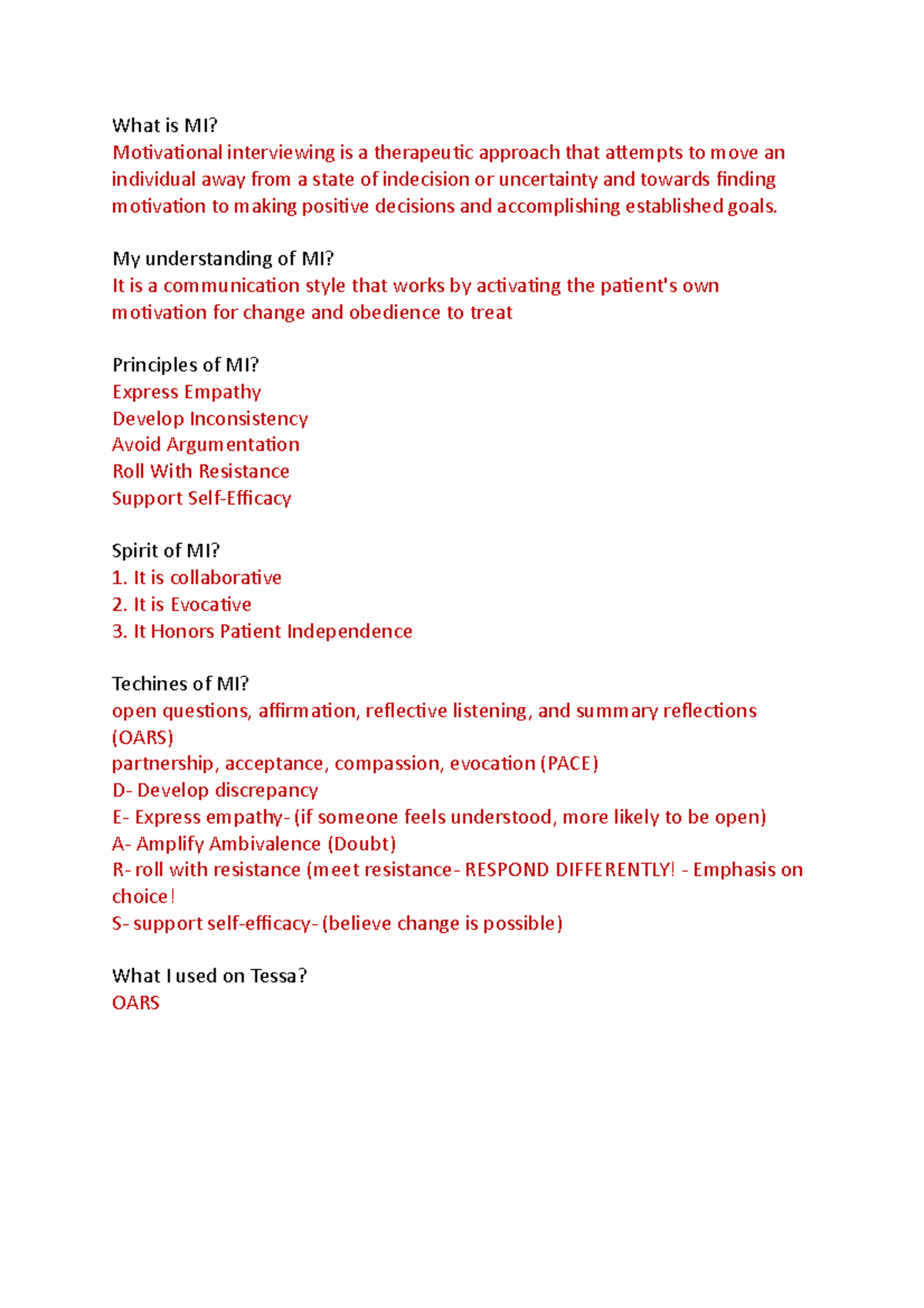 Exam 2020, questions and answers - What is MI? Motivational ...