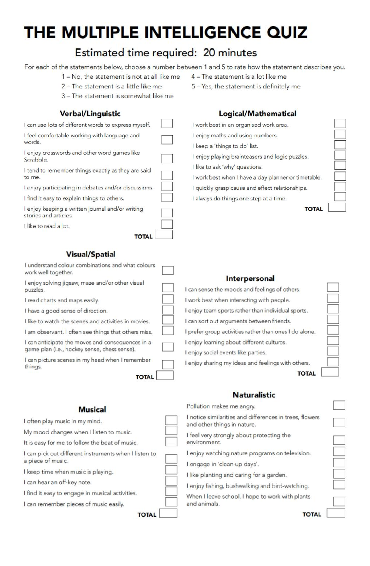 Multi-Intelligence-Test - THE MULTIPLE INTELLIGENCE QUIZ Estimated time ...