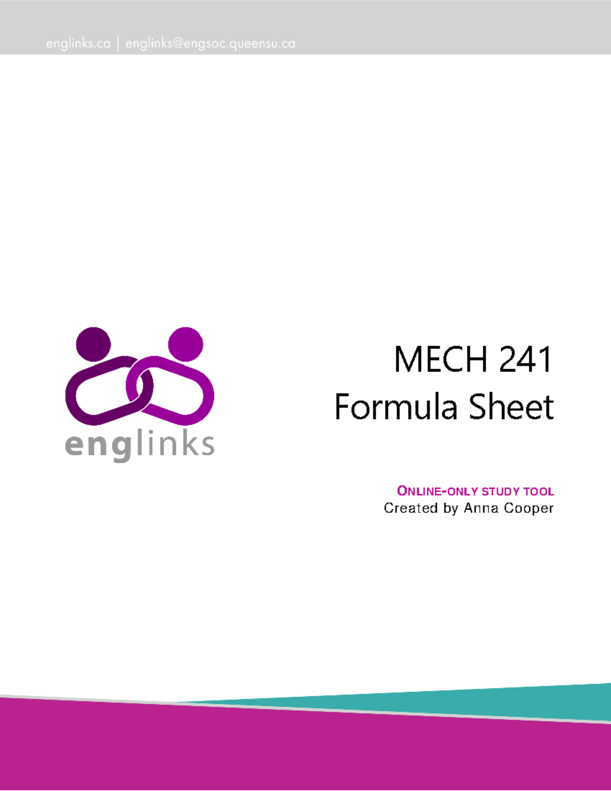 Eng Links MECH241 Formula Sheet Final - MECH 241 Formula Sheet ONLINE ...