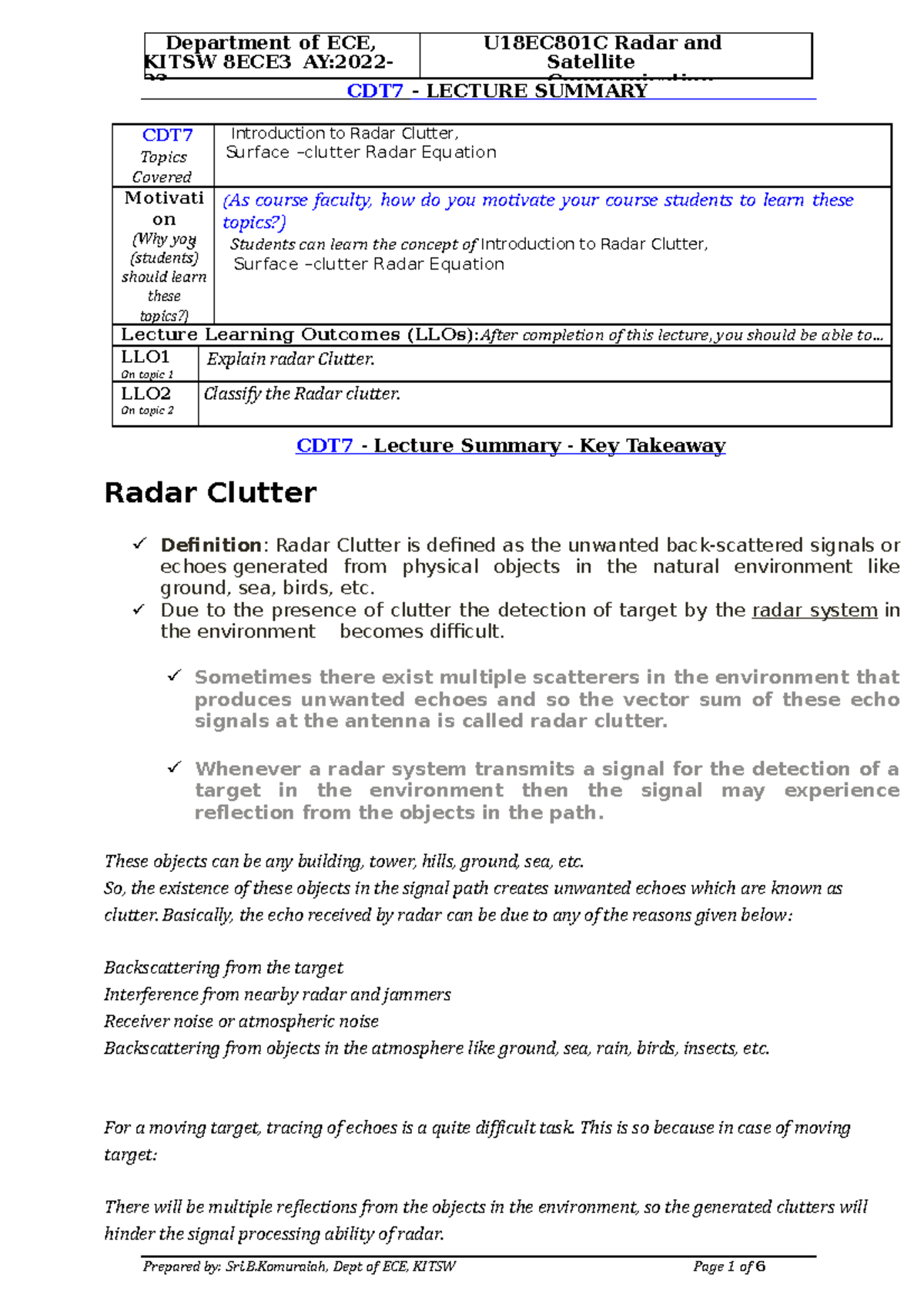 Introduction to Radar Clutter - Department of ECE, KITSW 8ECE3 AY:2022 ...