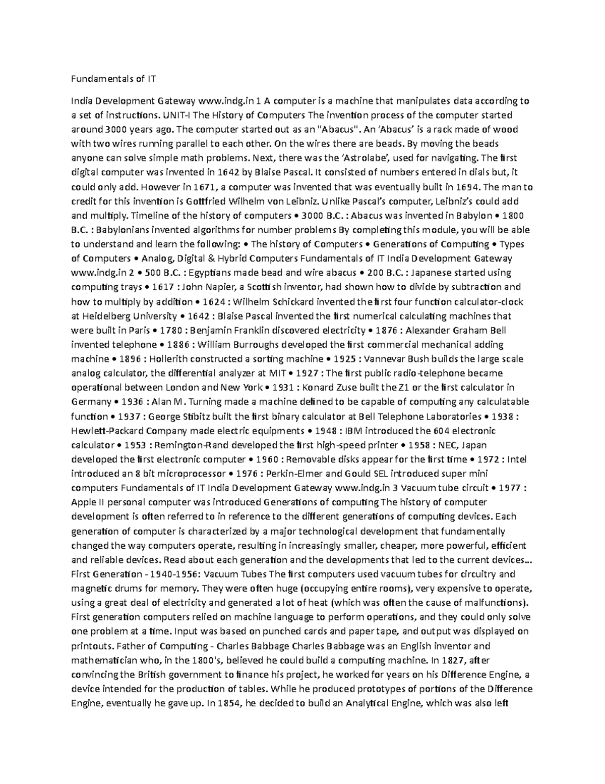 Fundamentals of IT - UNIT-I The History of Computers The invention ...