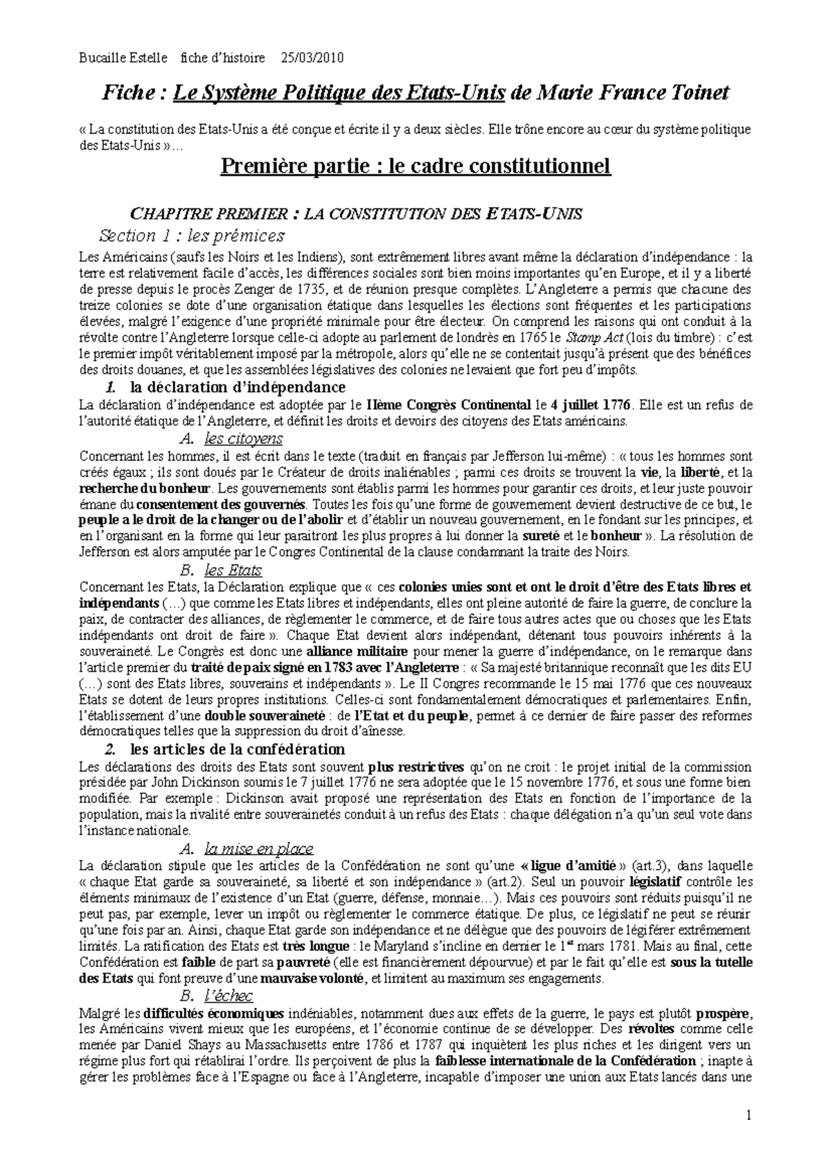 Fiche - Toinet, Le Système politique des Etats-Unis - - Studocu