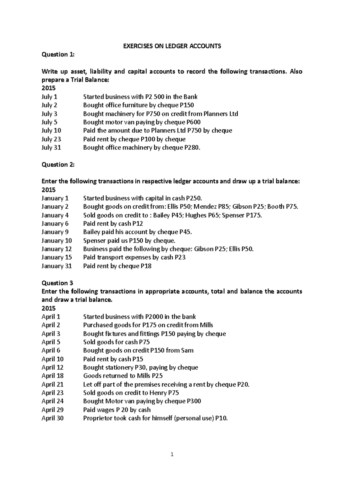 ACC 100 Exercises on Ledger Accounts Feb 2016 (2)-1 - EXERCISES ON ...