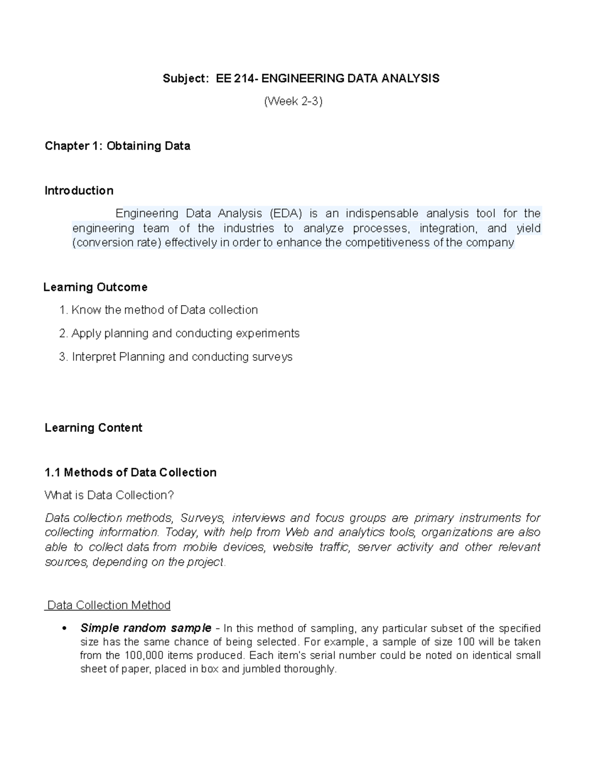 EE 214 Week 2 3 module - adaa - Subject: EE 214- ENGINEERING DATA ...