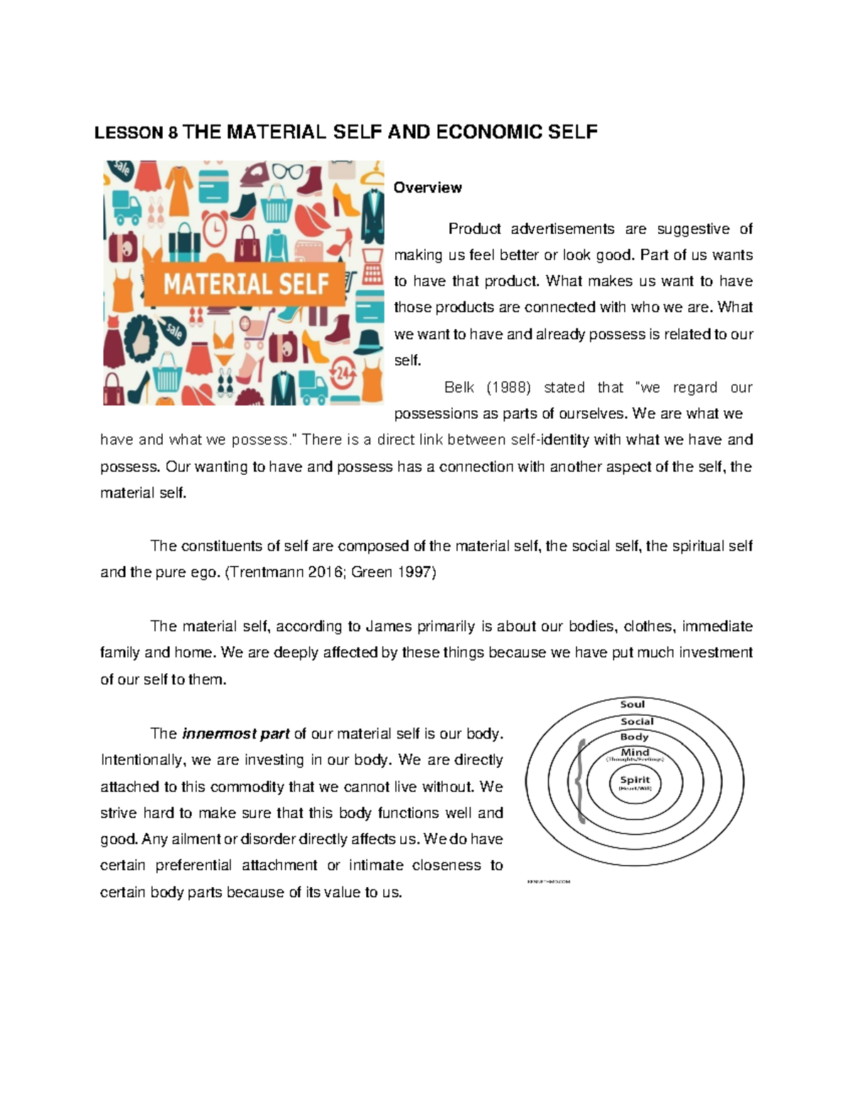 Lesson 8 THE Material SELF Lesson 9 Economic SELF - LESSON 8 THE ...