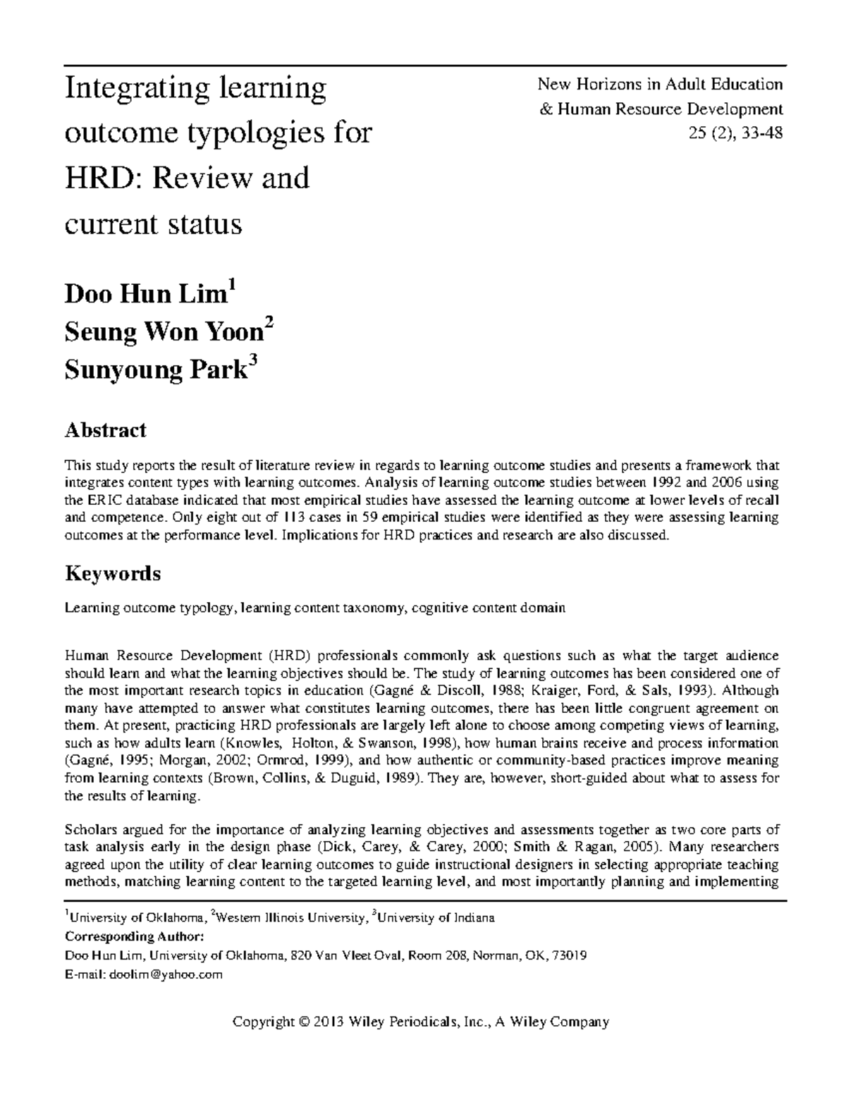 New Horiz Adult Ed HR Dev - 2013 - Lim - Integrating learning outcome ...