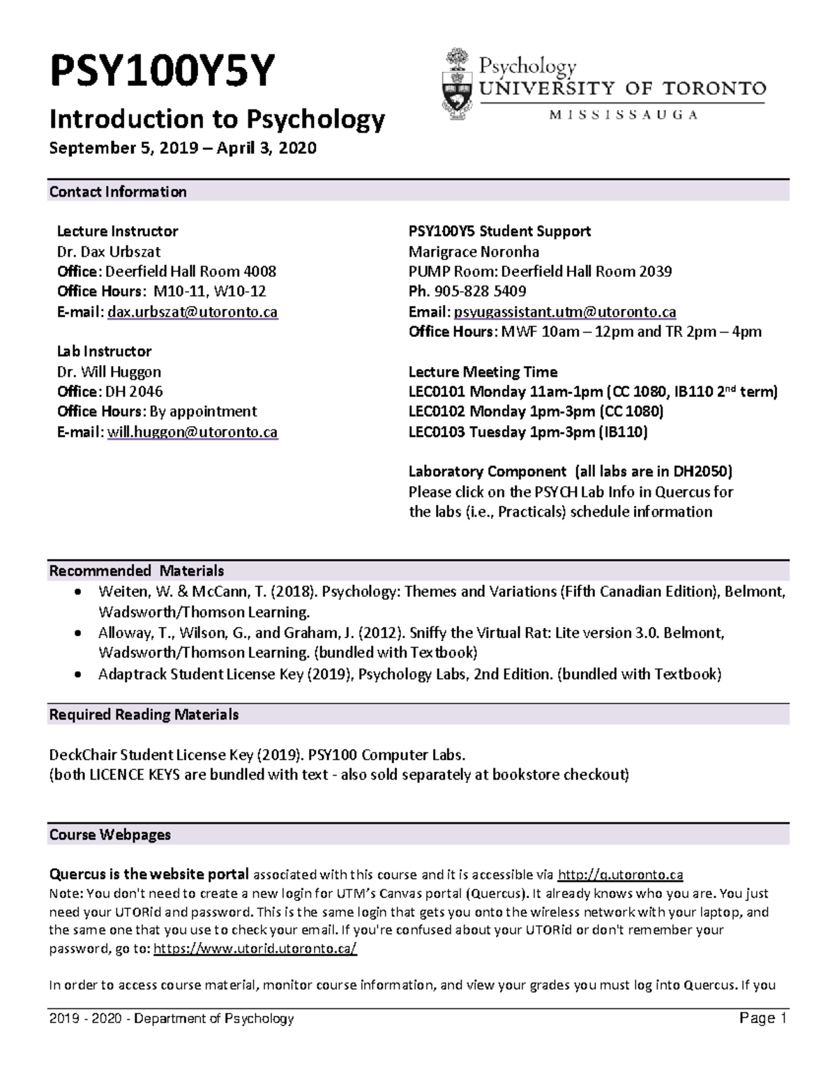 Psy100 2019 20 Syllabus Warning Tt Undefined Function 32 Psy100y5y Introduction To