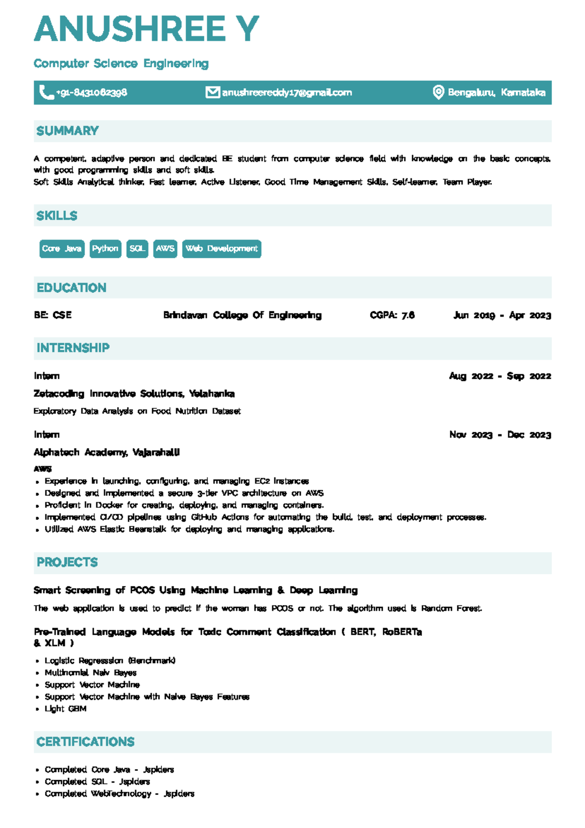 Anu Anu cv - ANUSHREE Y Computer Science Engineering +91-8431062398 ...