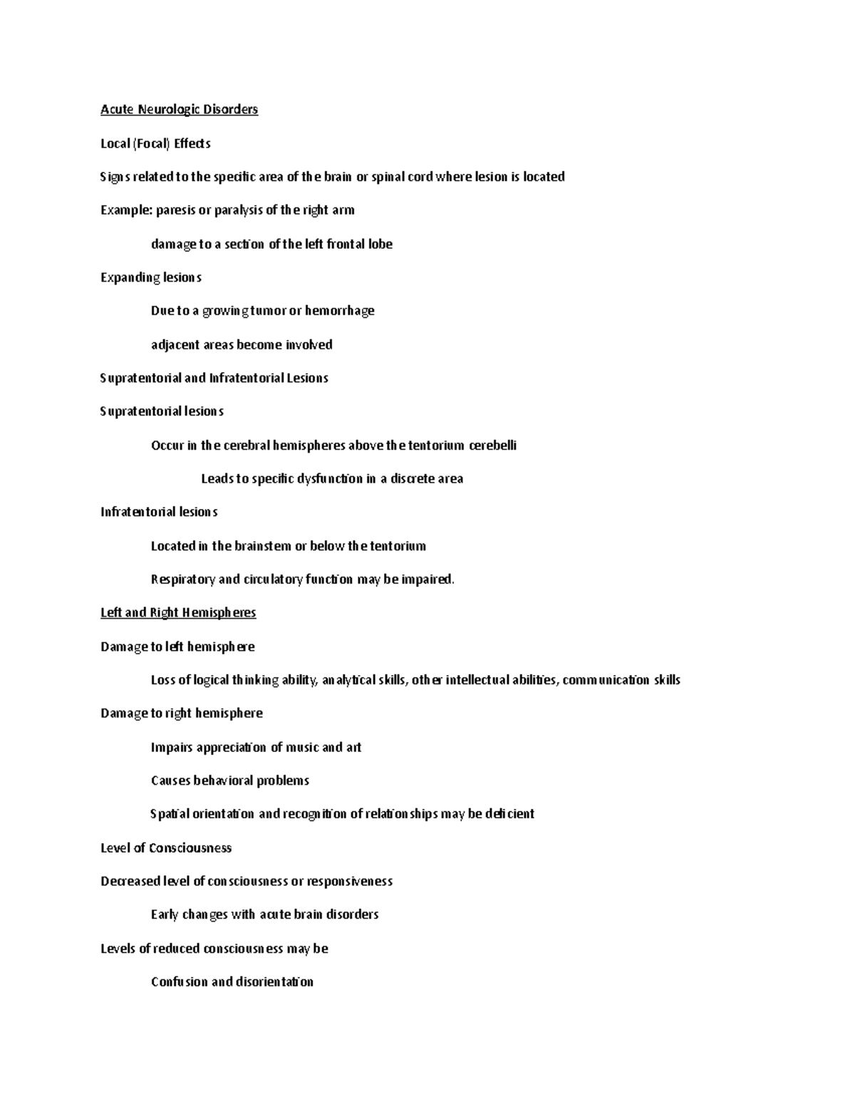 Patho Notes 13 - Acute Neurologic Disorders Local (Focal) Effects Signs ...