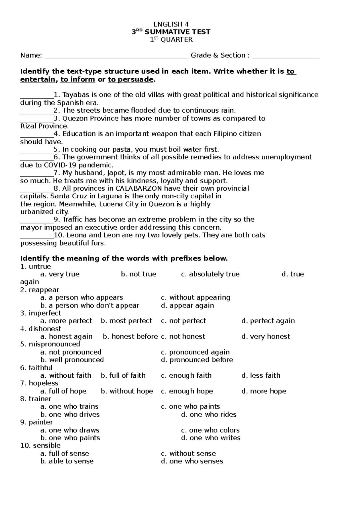 English 4 ST3 Q1 - None - ENGLISH 4 3 RD SUMMATIVE TEST 1 ST QUARTER ...