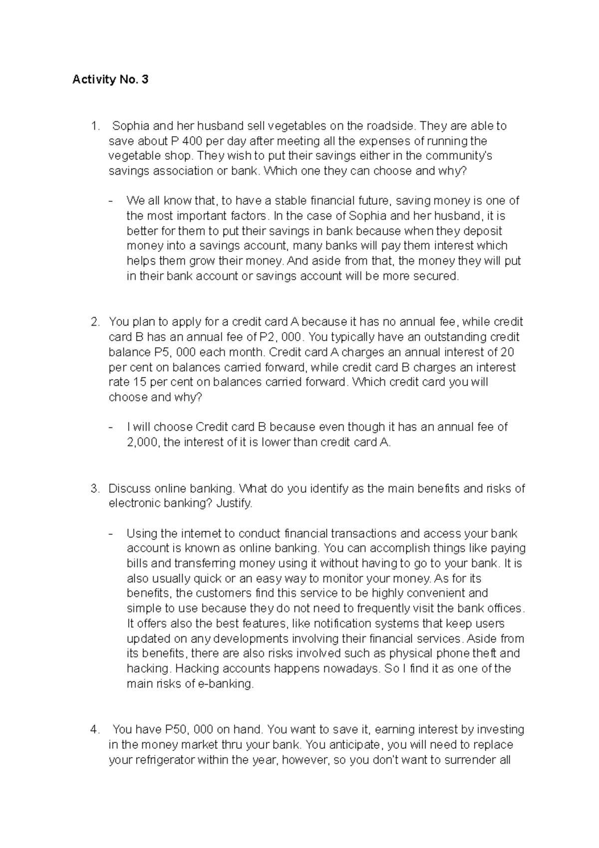 Activity-No - Personal Finance: Activity 3- Case Scenario Questions ...