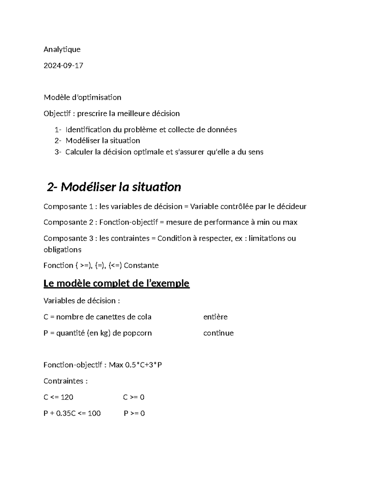Cours 4 analytique - Analytique 2024-09- Modèle d’optimisation Objectif ...