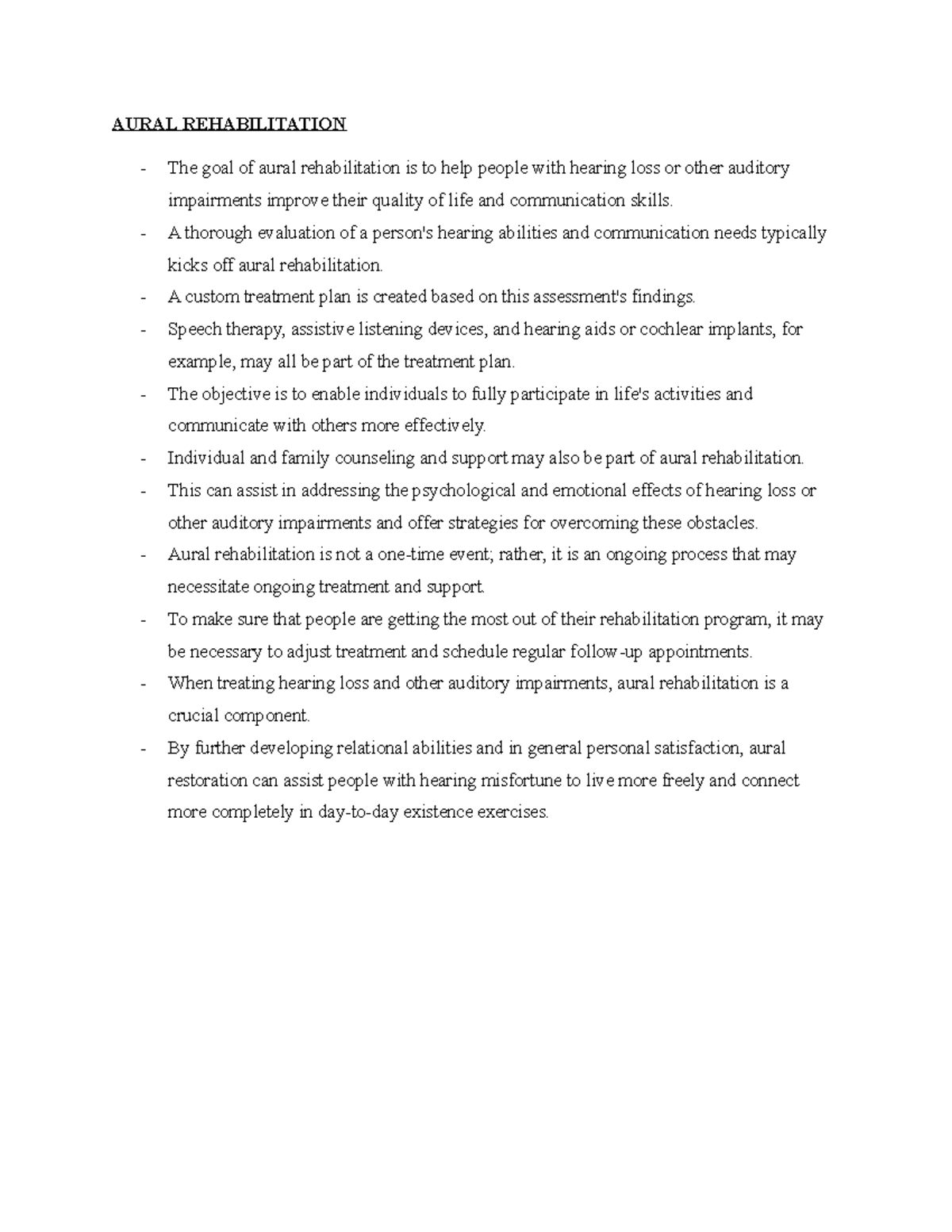 Aural Rehabilitation Notes 1 - AURAL REHABILITATION The goal of aural ...