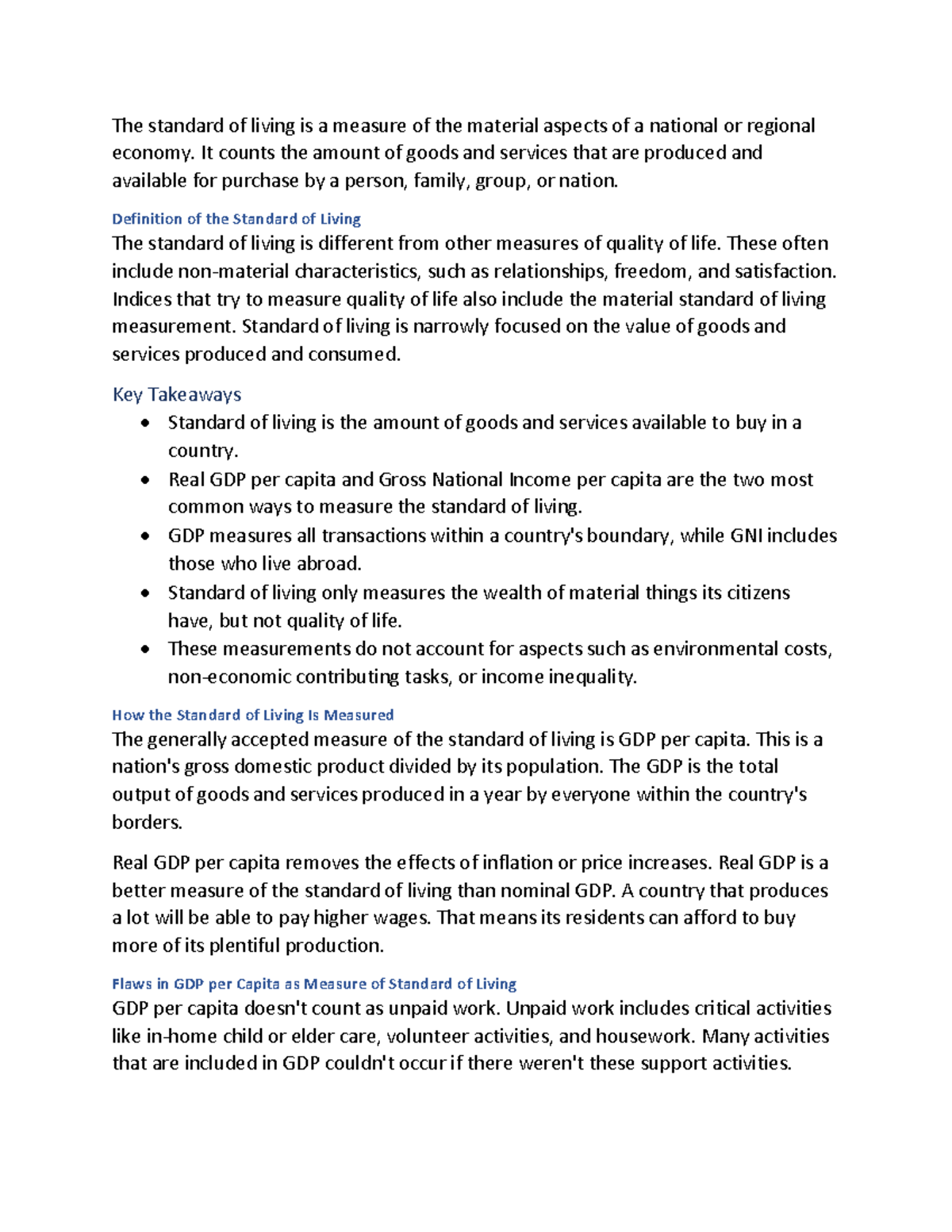 Standard of Living - Notes - The standard of living is a measure of the ...