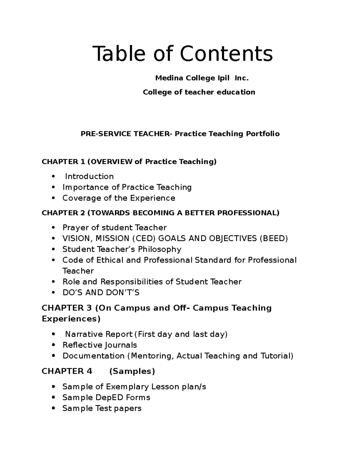 TMC 1 wmsu college - Table of Contents Medina College Ipil Inc. College ...
