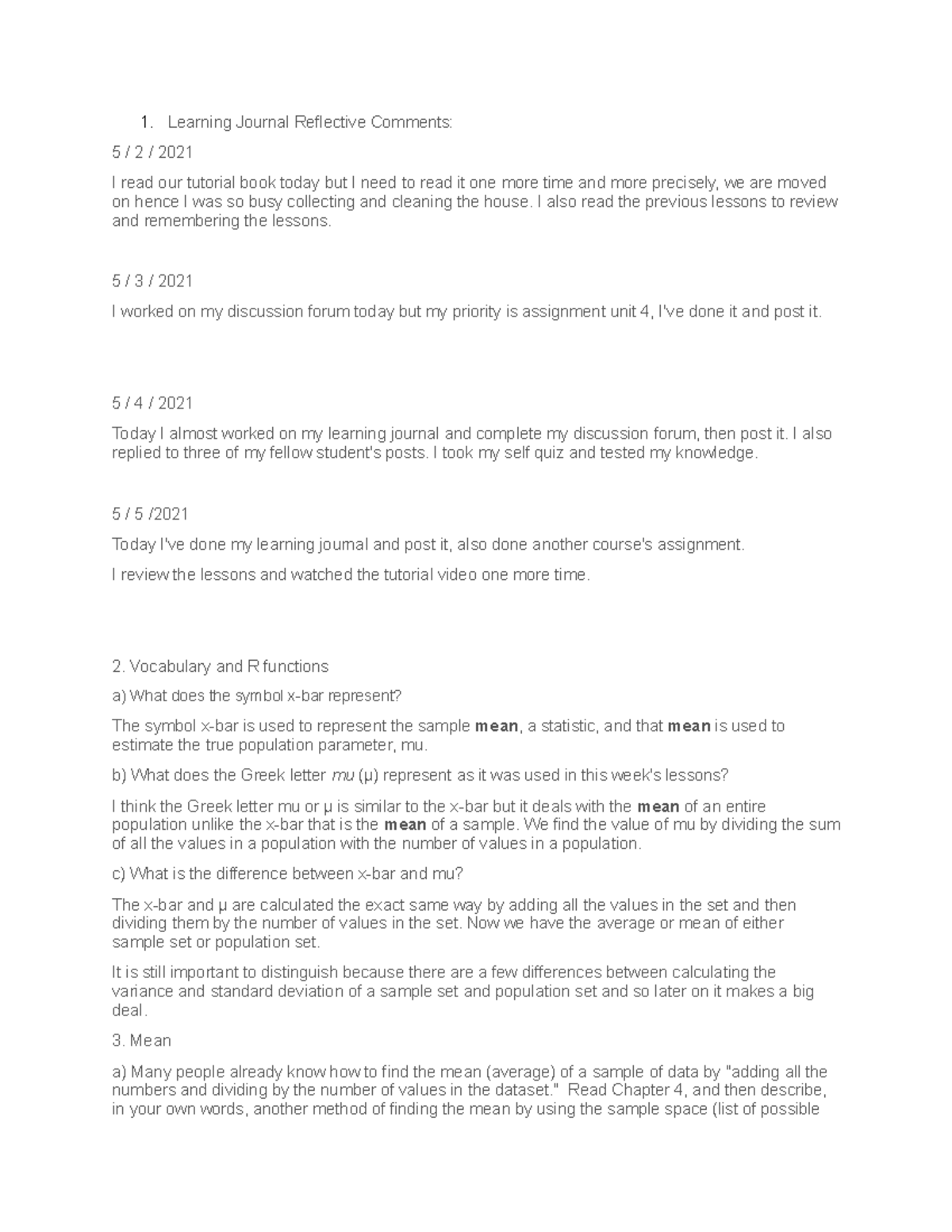 Learning journal unit 4 - Learning Journal Reflective Comments: 5 / 2 ...